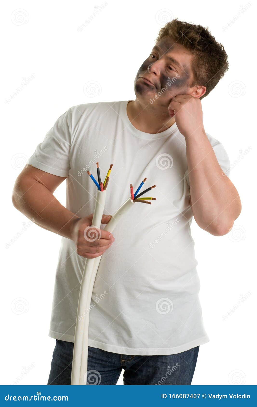 Man with Two Cables on White Background Stock Image - Image of plug ...