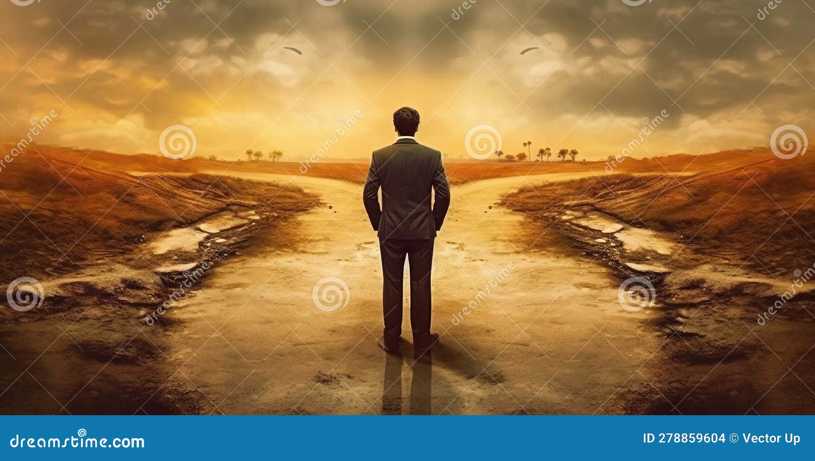 Man at Two Roads Deciding Back View. Generative AI Stock Photo - Image ...