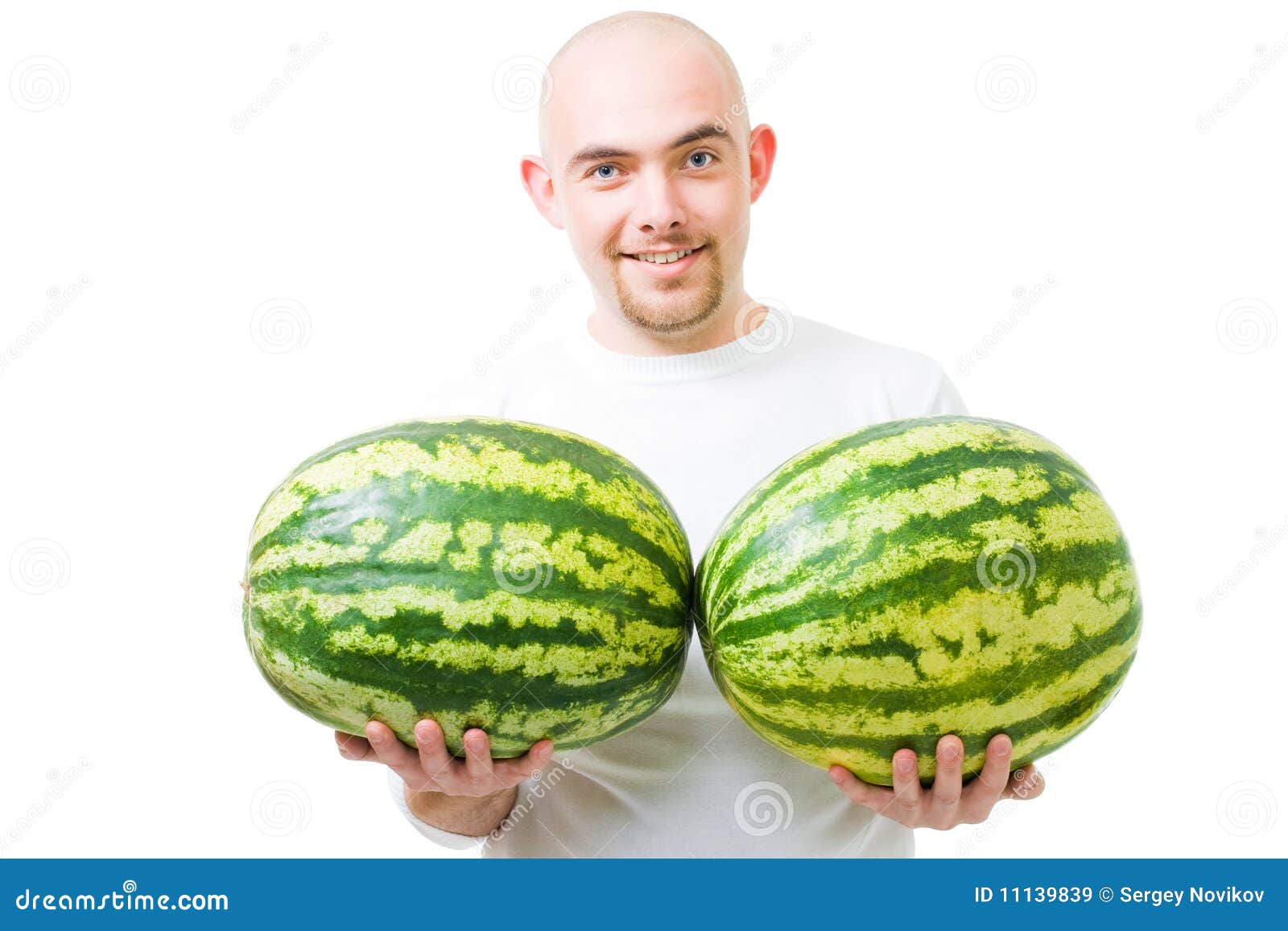 Man with Two Watermelons Show Double Growth Stock Image - Image of ...