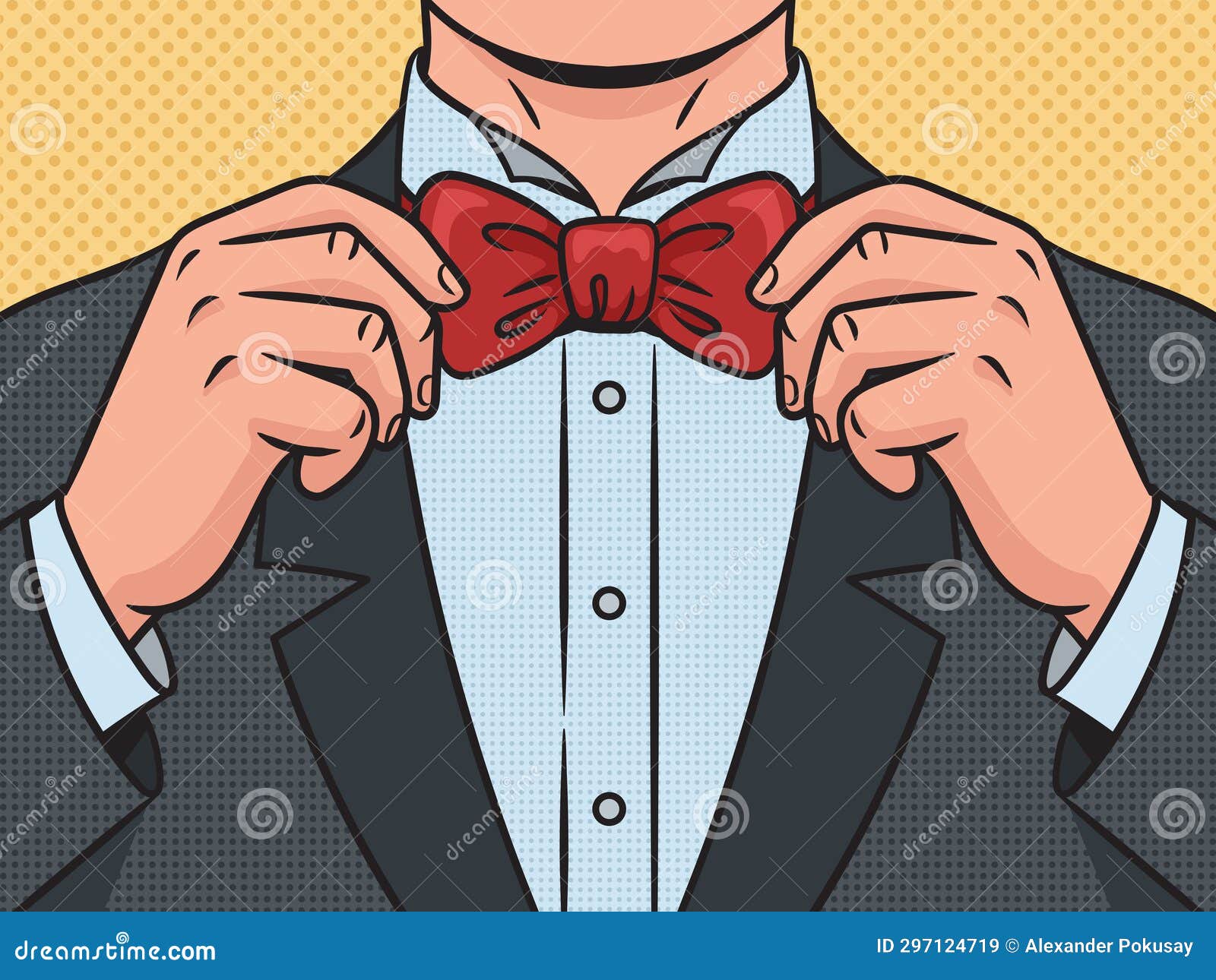 Man Tying Bow Tie Pop Art Raster Illustration Stock Illustration