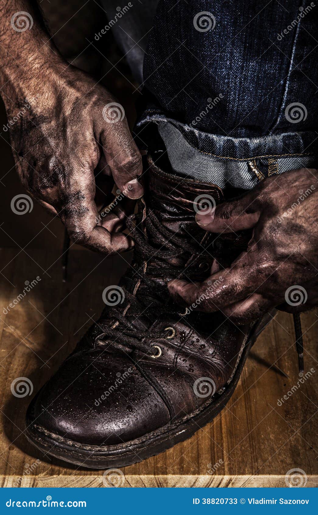 Man Tying the Laces on Black Boot Stock Image - Image of dirty, fingers ...