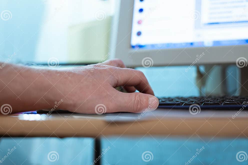 Man Typing on Computer Keyboard with His Left Hand, Remote Work at Home ...