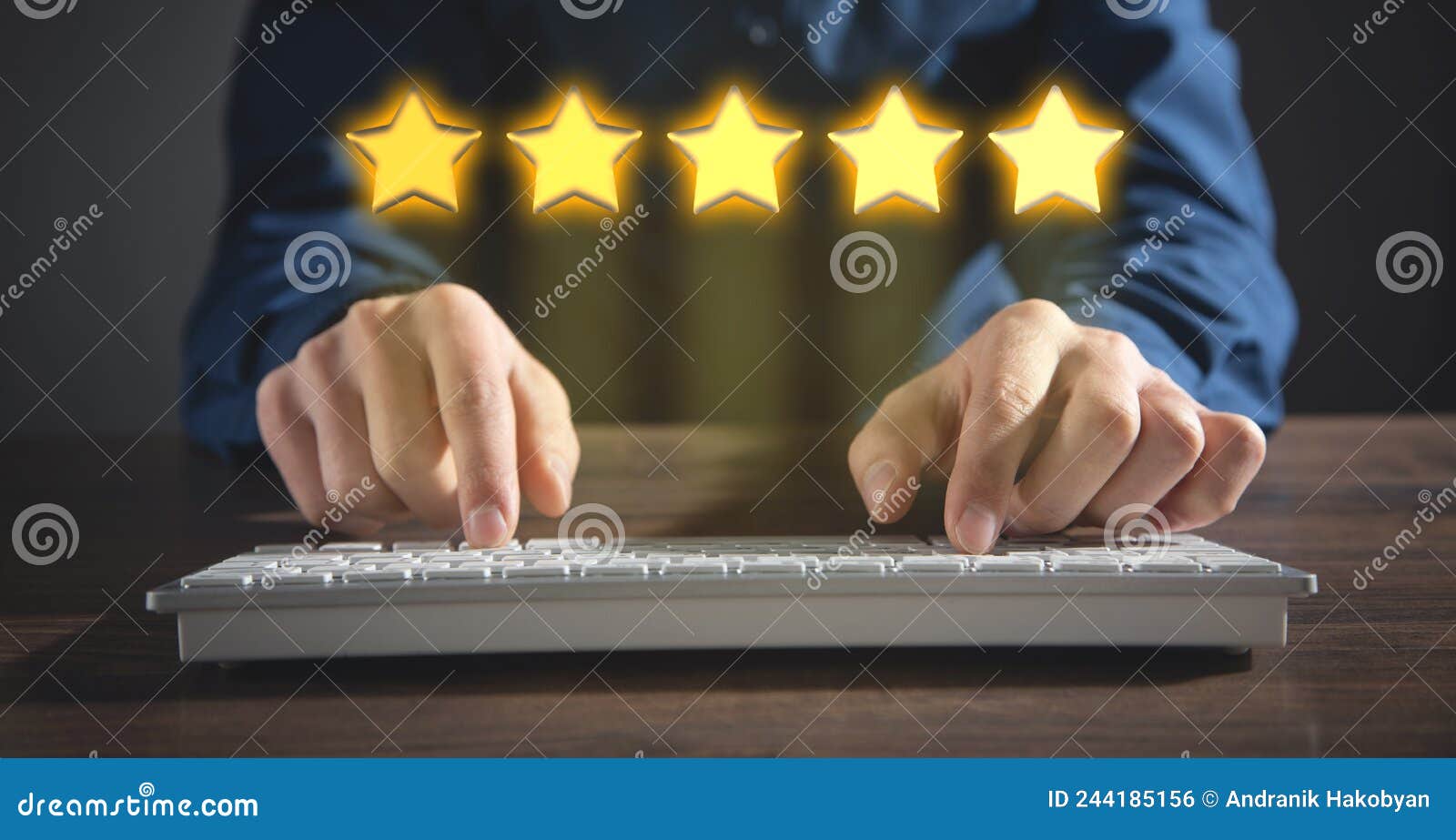 Man Typing Computer Keyboard. 5 Stars Stock Photo - Image of positive ...