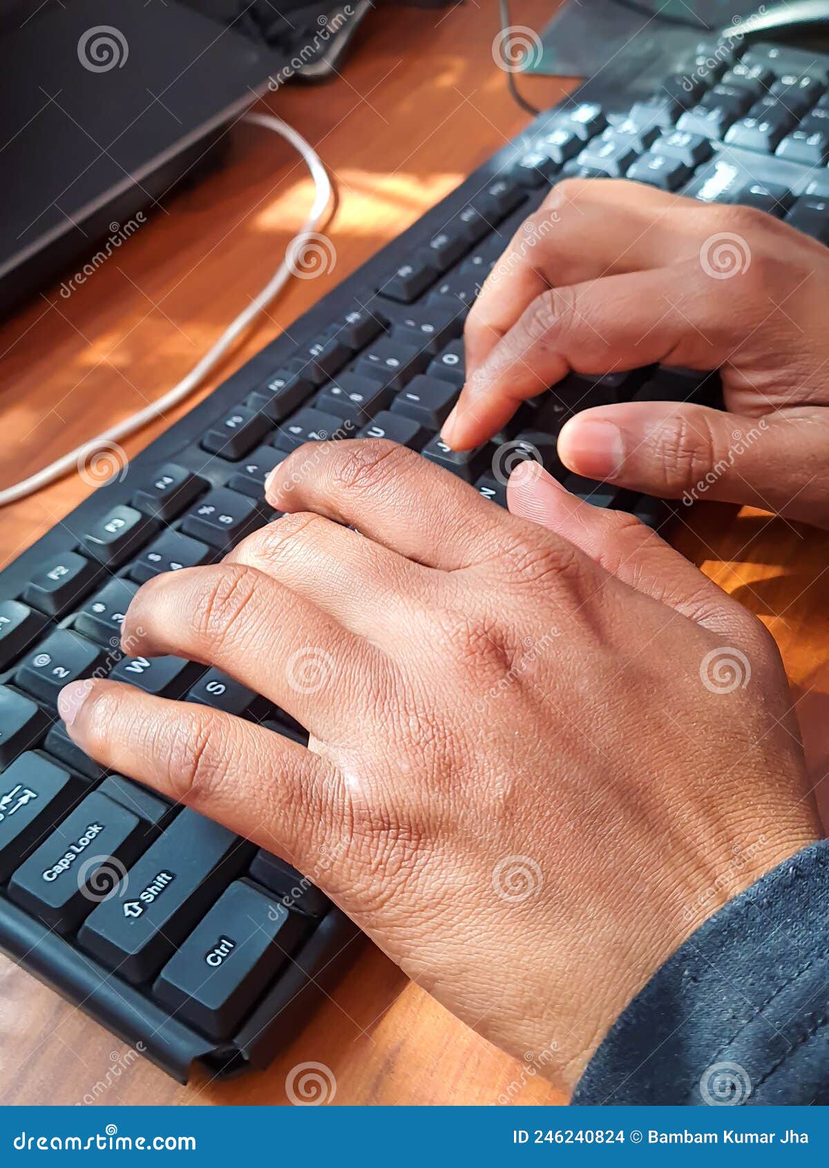 Man Typing on Computer Keyboard from Top Angle at Morning Stock Photo ...