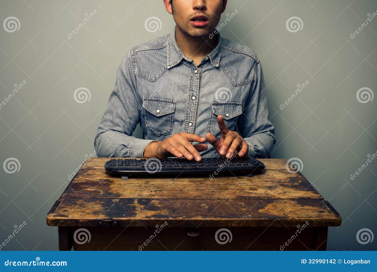 Man Typing on Keyboard at Old Desk Stock Photo - Image of table, people ...