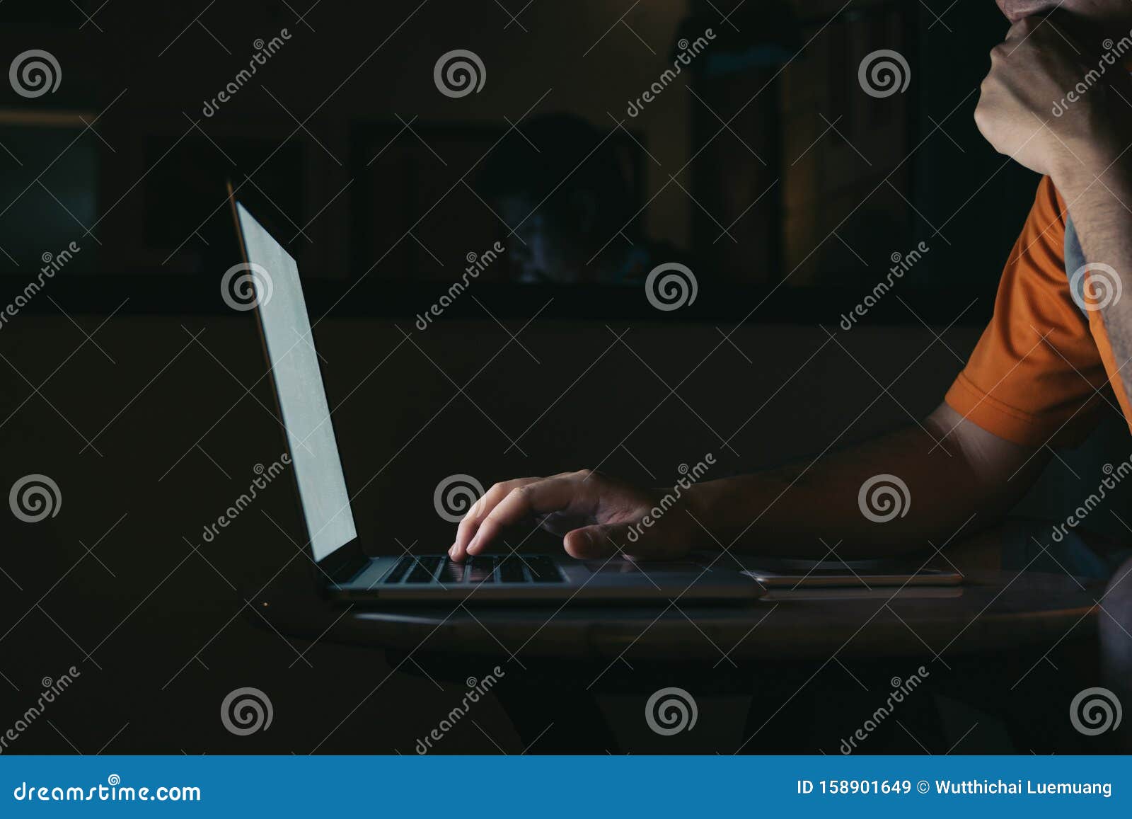Man Typing on Keyboard and Working at Computer Laptop in Night Stock ...