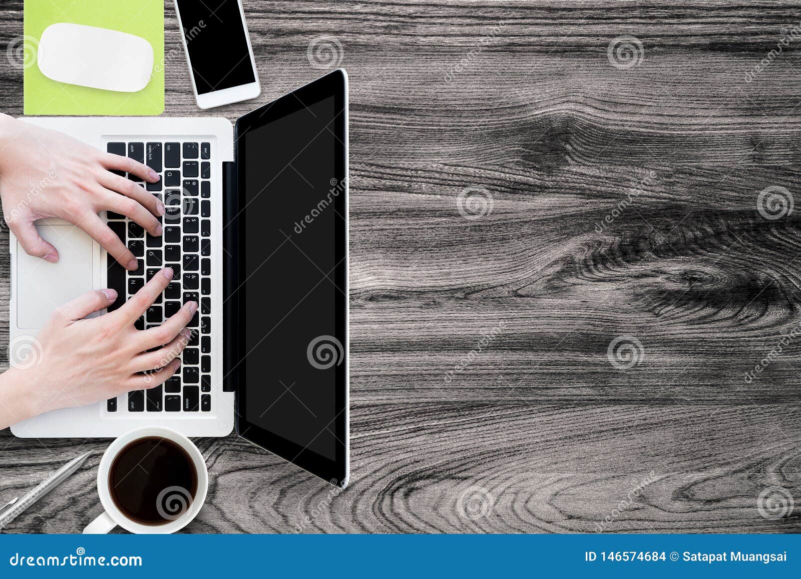 Man is Typing on Laptop Computer. Top View, Flat Lay Stock Photo ...