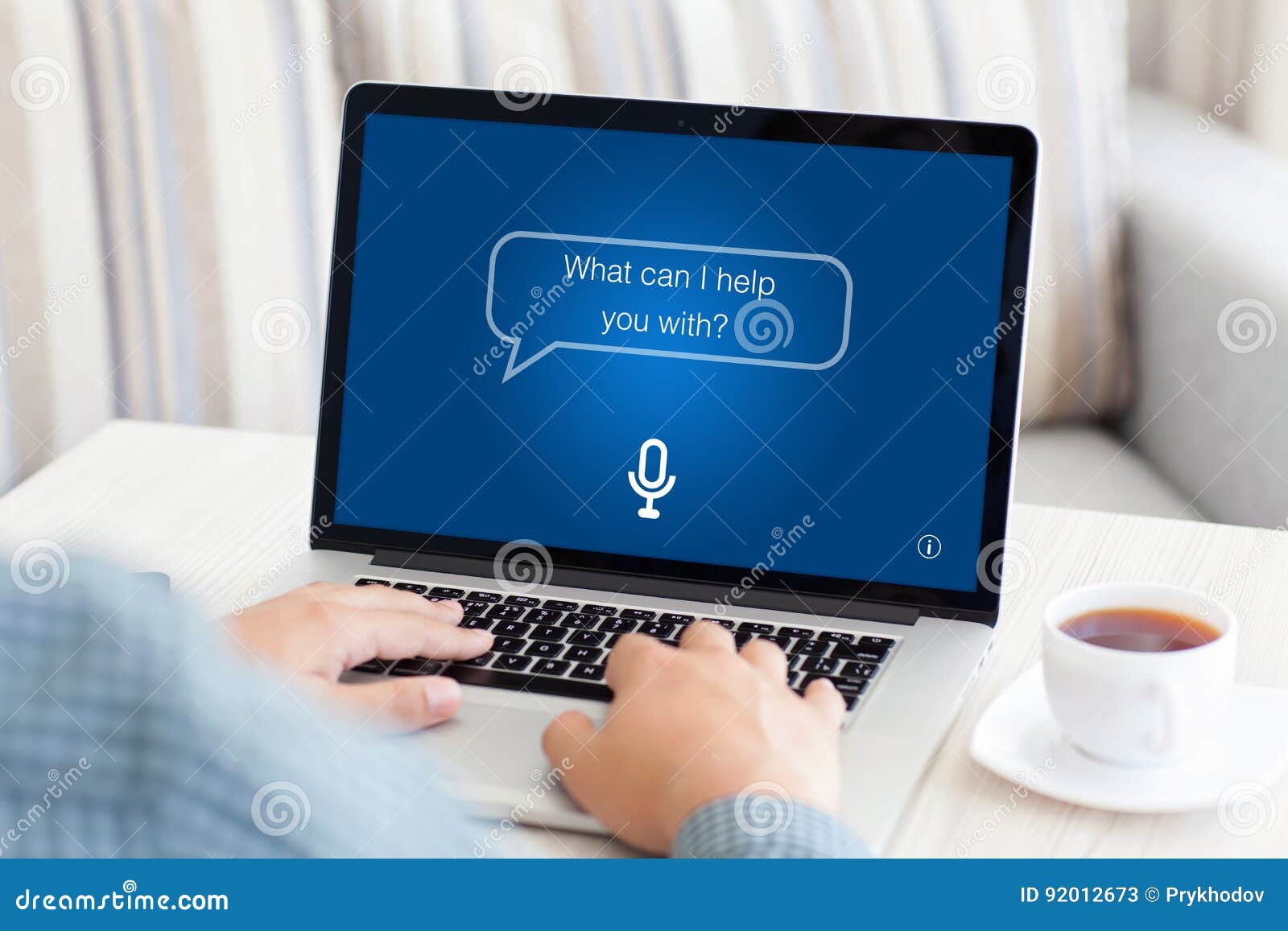 Man Typing Laptop Keyboard with App Personal Assistant on Screen Stock ...