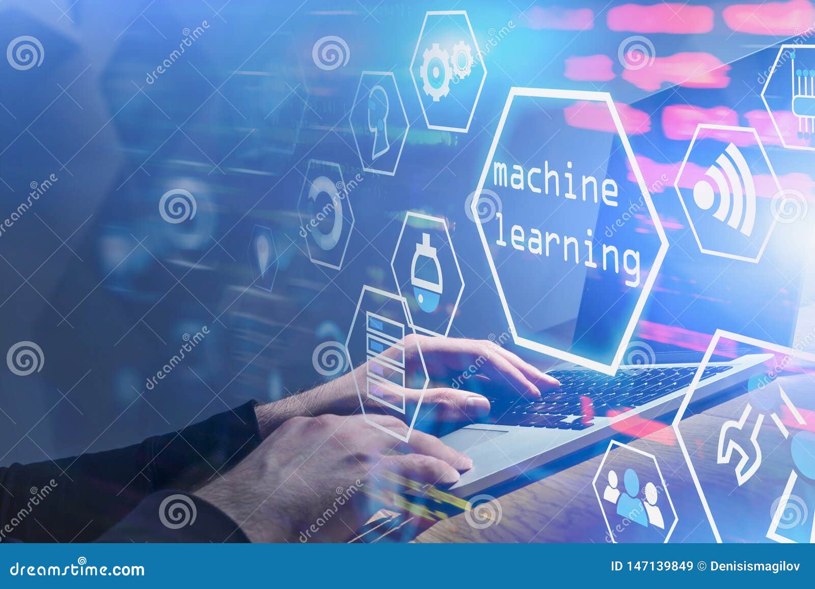 Man Typing at Laptop, Machine Learning Interface Stock Image - Image of ...