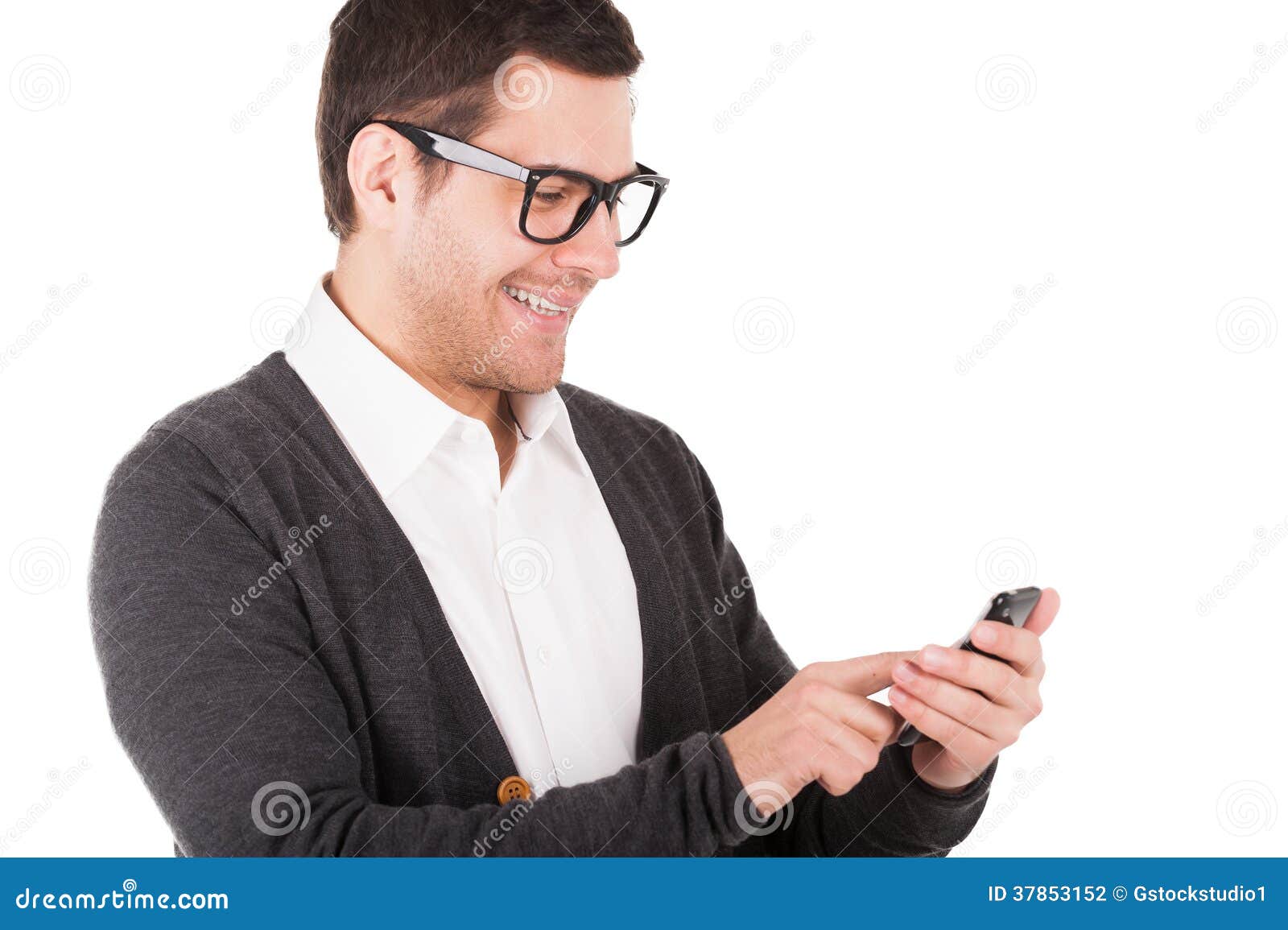 Man typing a message. stock photo. Image of happiness - 37853152