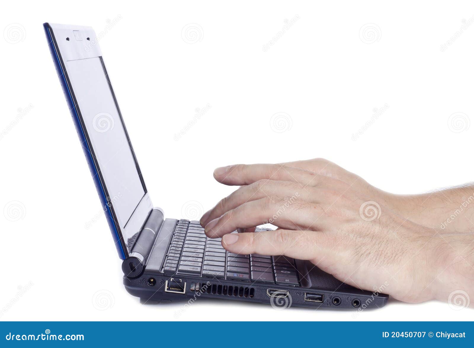 Man Typing on a Mini Netbook Stock Image - Image of small, blue: 20450707