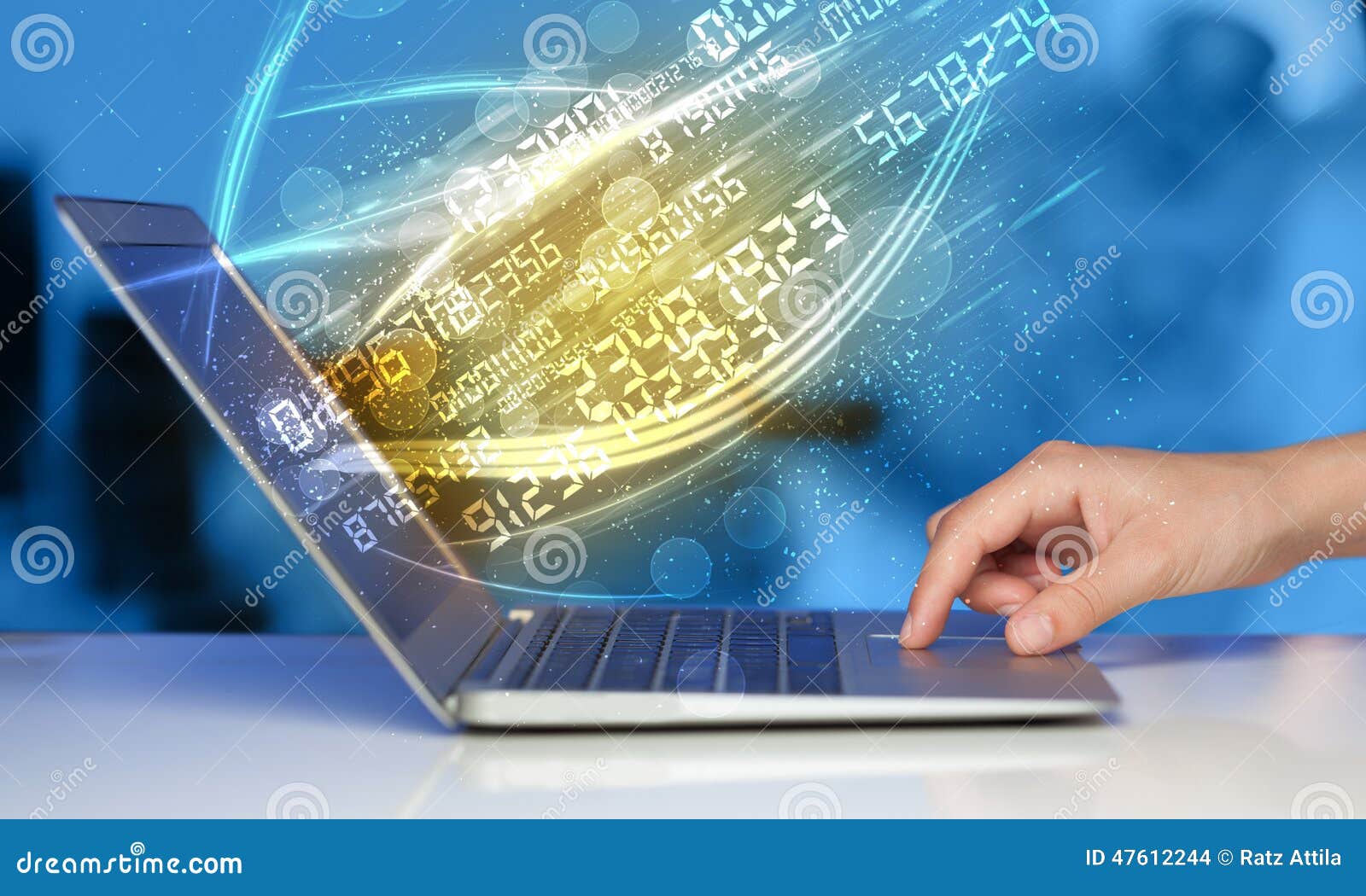 Man Typing on Modern Notebook with Number Technology Data Coming Stock ...