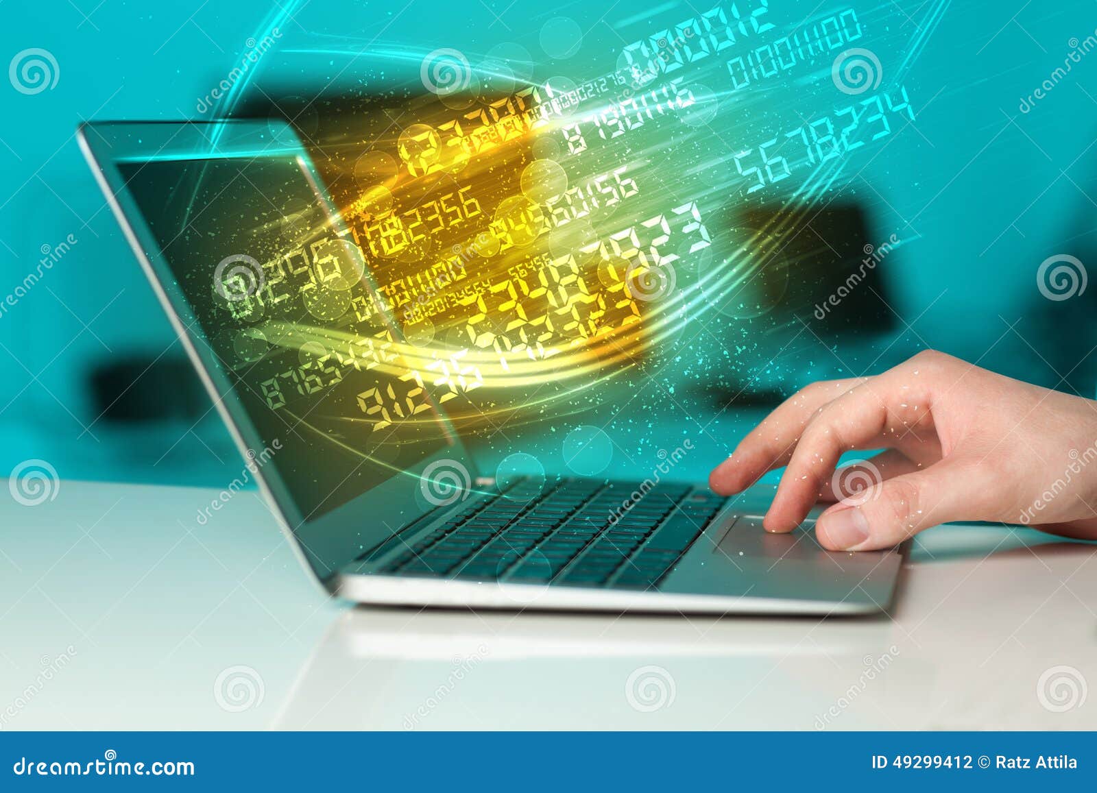 Man Typing on Modern Notebook with Number Technology Data Coming Stock ...