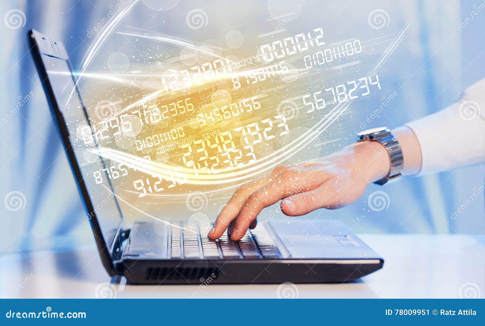 Man Typing on Modern Notebook with Number Technology Data Coming Stock ...