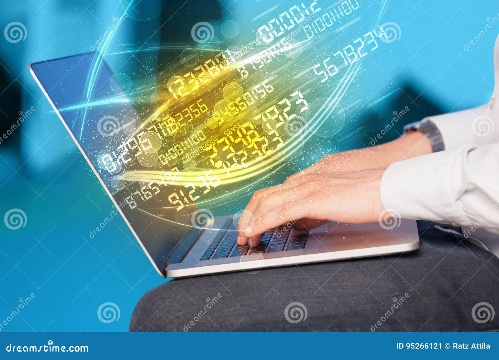 Man Typing on Modern Notebook with Number Technology Data Coming Stock ...