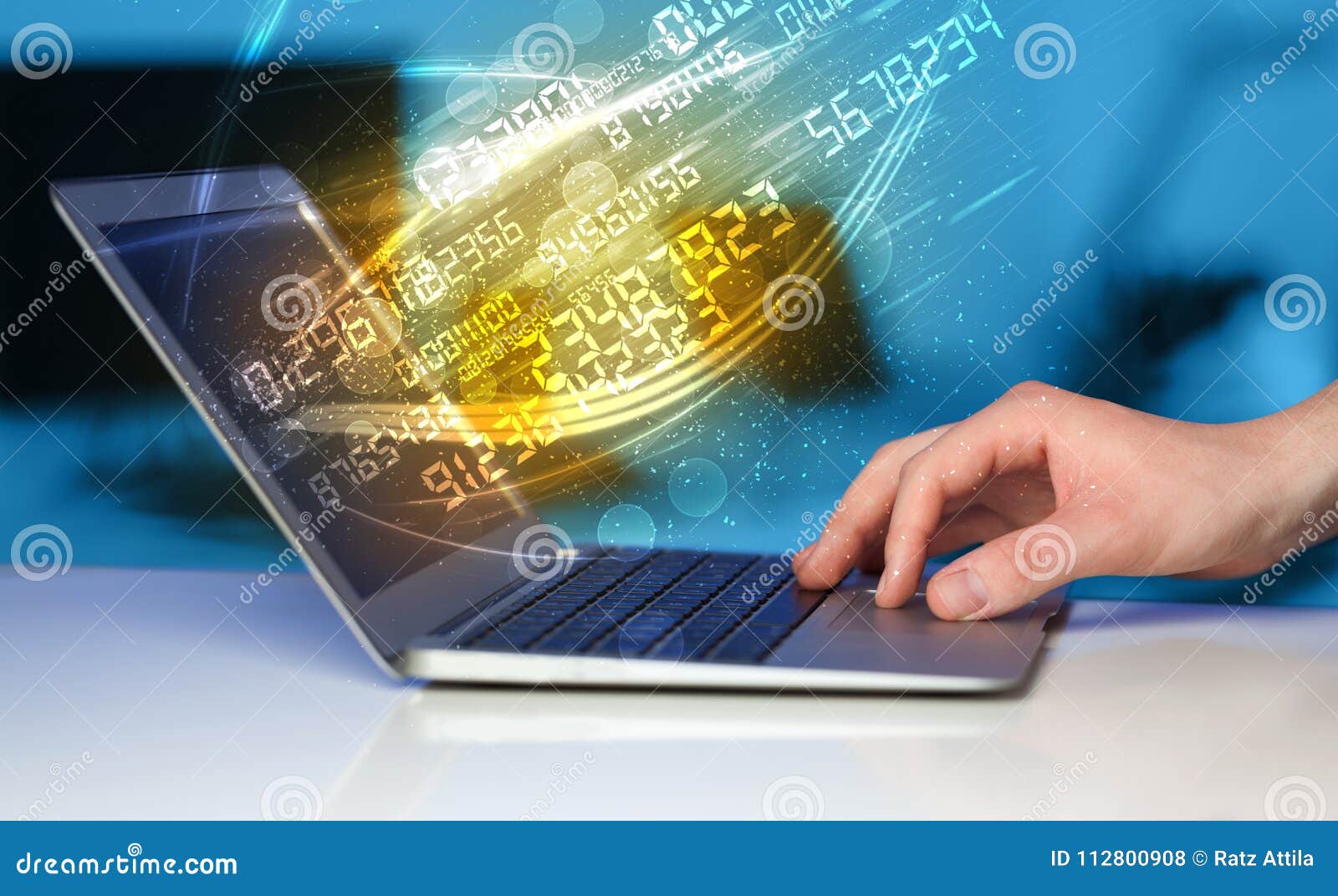 Man Typing on Modern Notebook with Number Technology Data Coming Stock ...