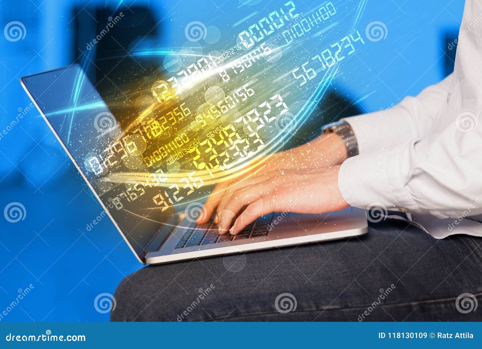 Man Typing on Modern Notebook with Number Technology Data Coming Out ...