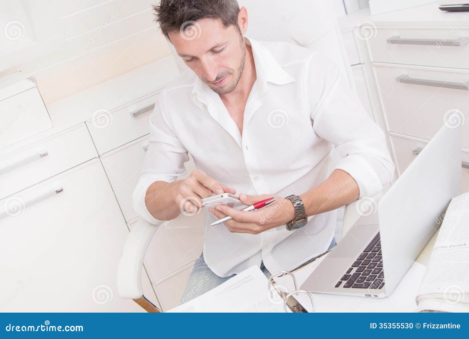 Man Typing Text Message in Office Stock Photo - Image of media ...