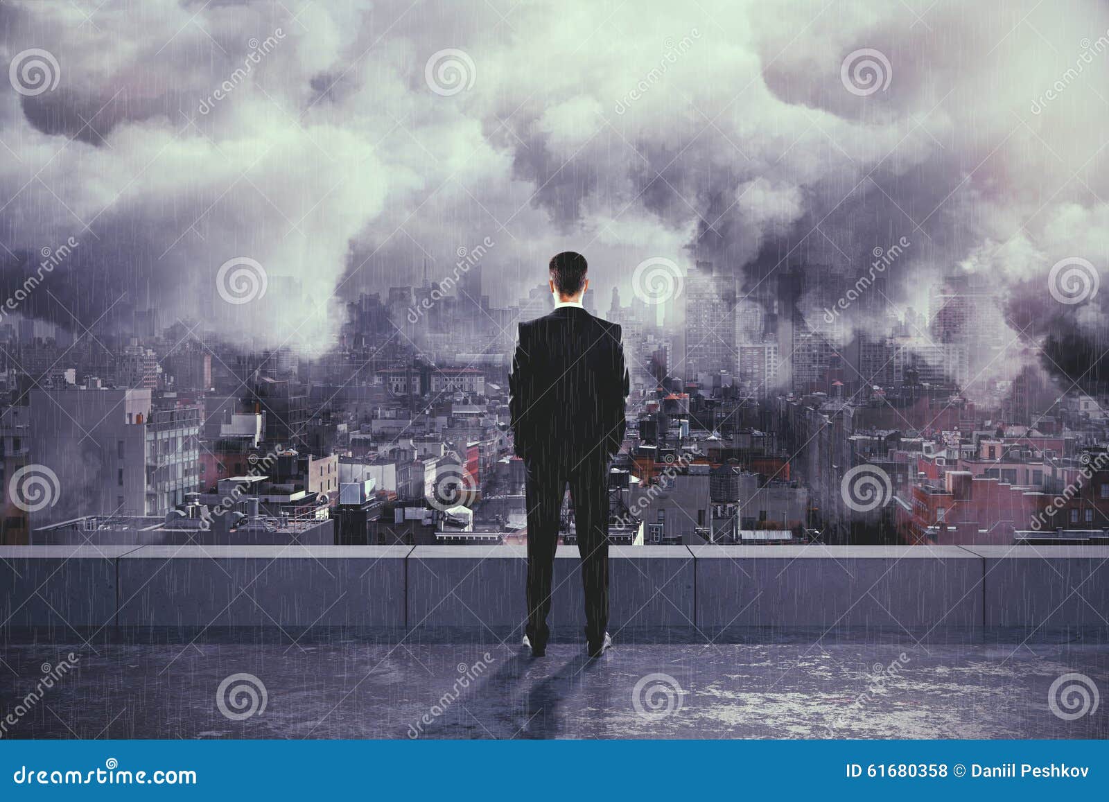 Man Under the Rain and Clouds on the Top of Building Stock Photo ...