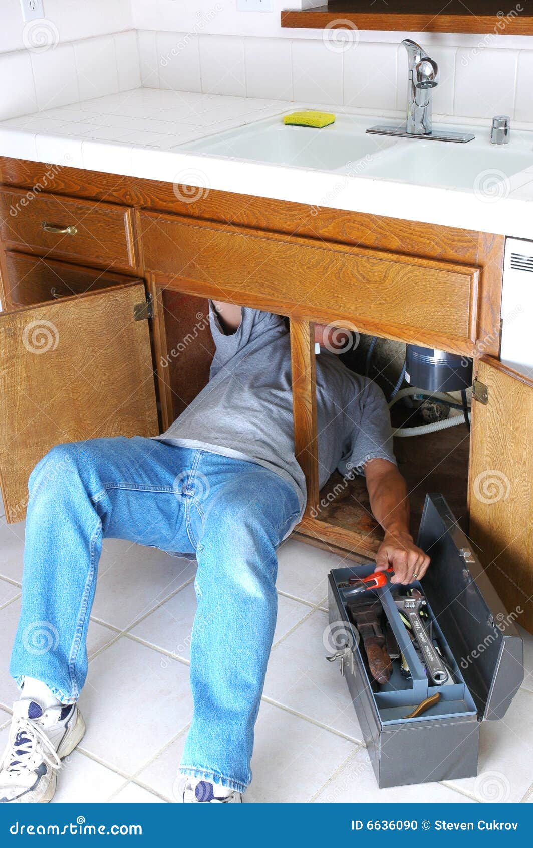Man Under Sink with Toolbox Stock Photo - Image of faucet, tools: 6636090