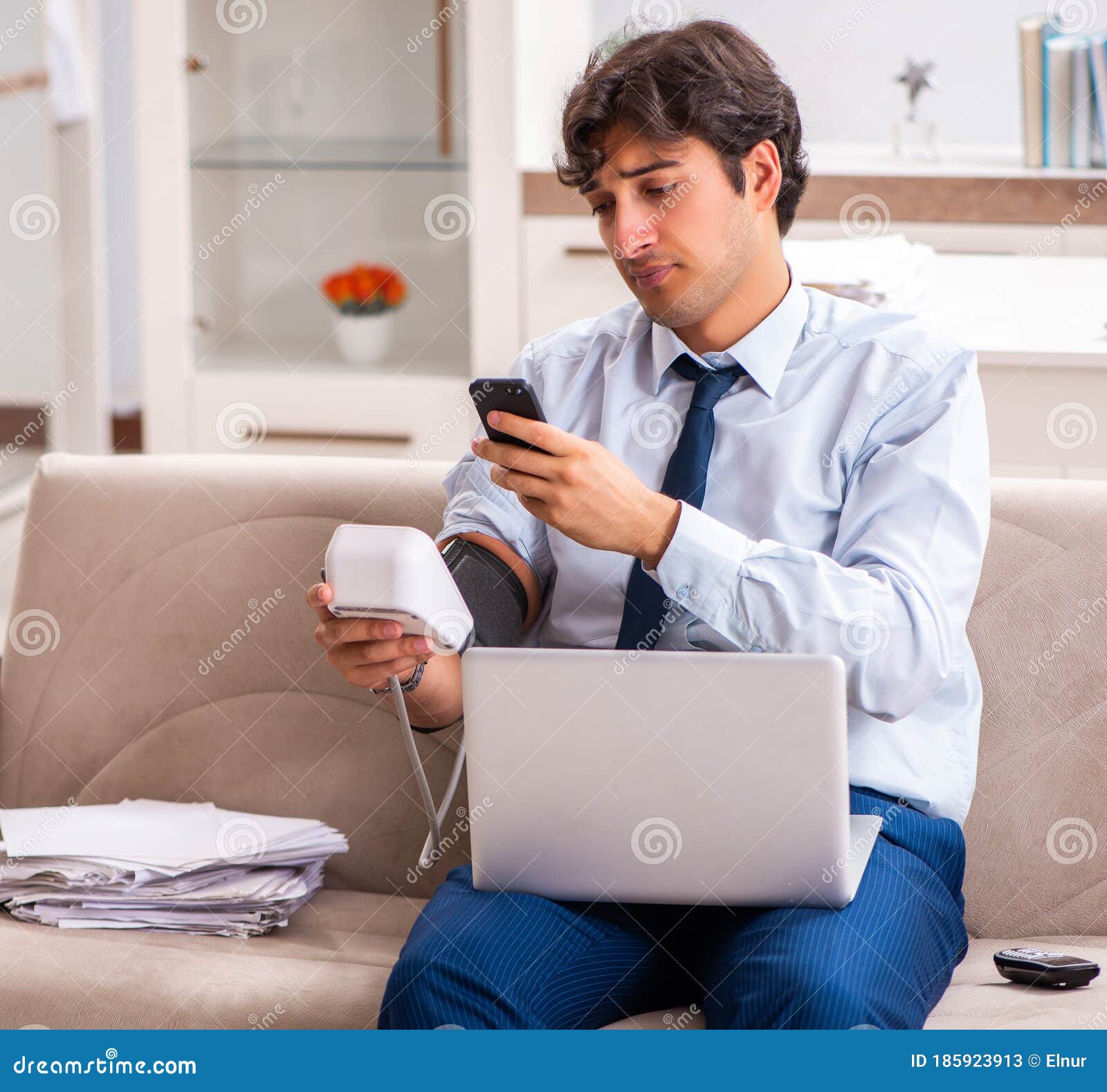 Man Under Stress Measuring His Blood Pressure Stock Image - Image of ...