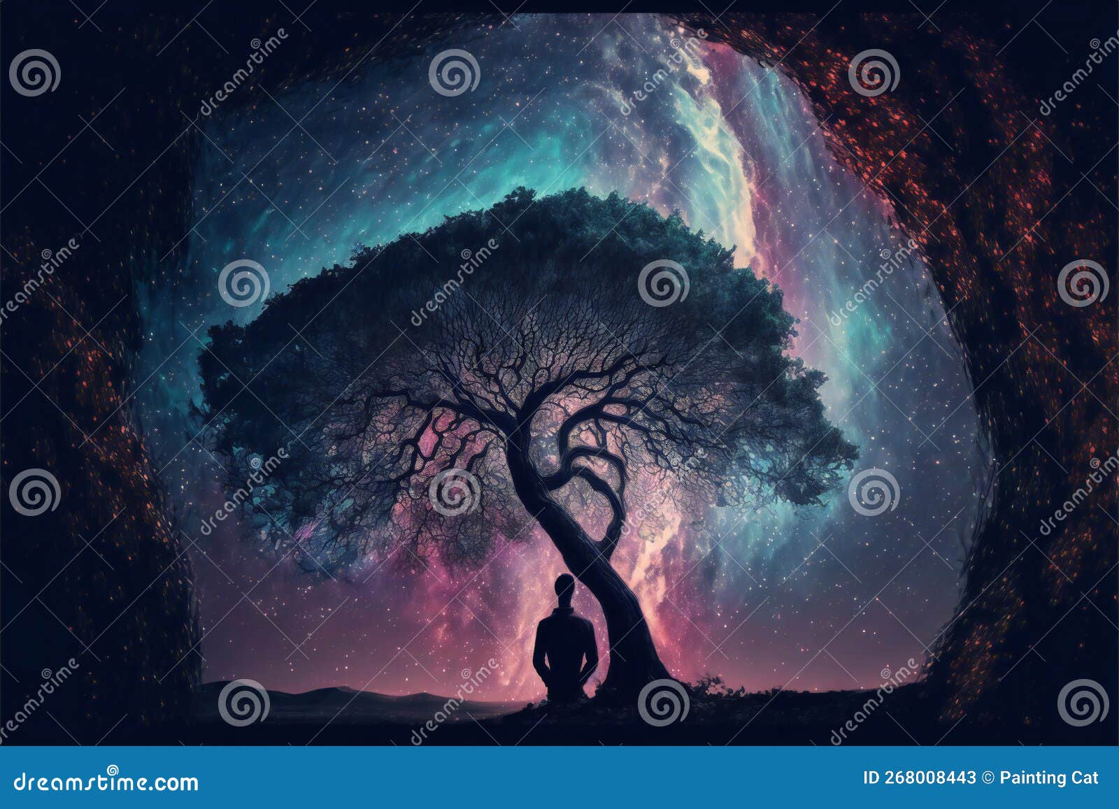 Man Under a Tree in Front of the Universe, Digital Illustration ...