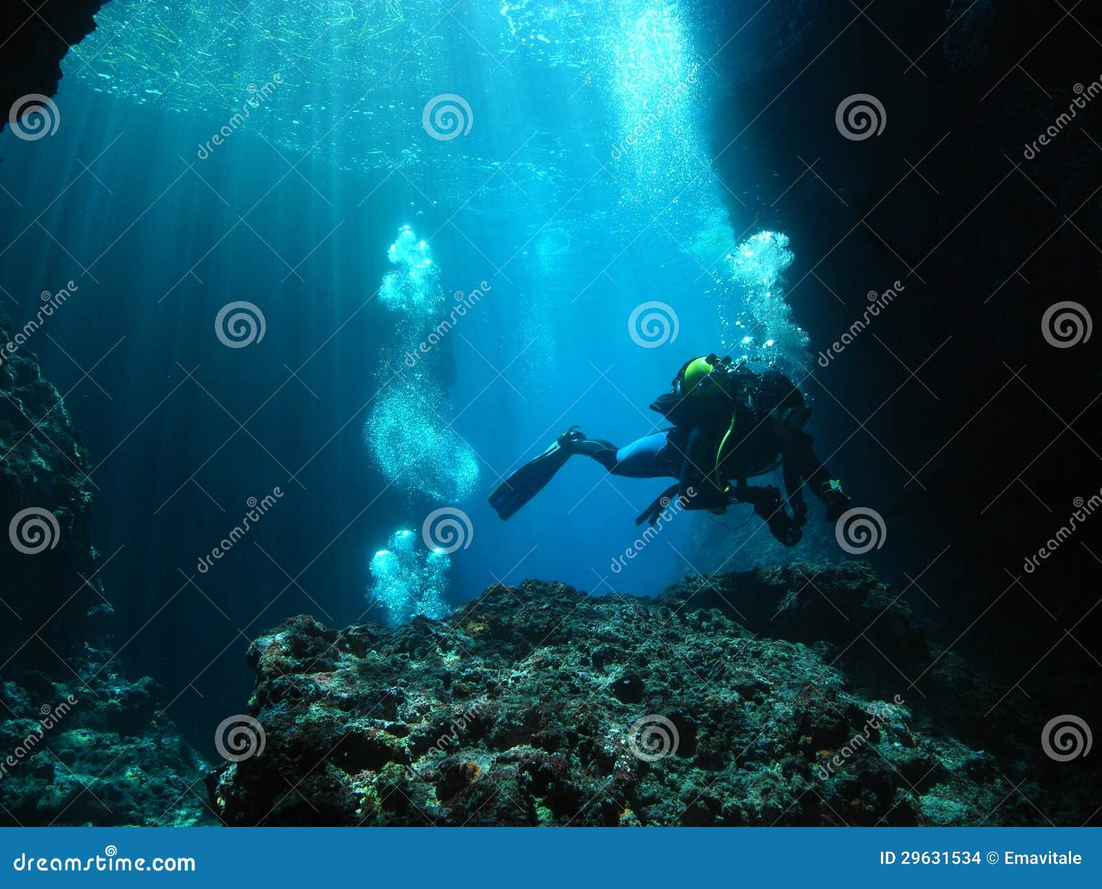 Man Underwater Photographer Scuba Diving Cave Stock Photo - Image of ...