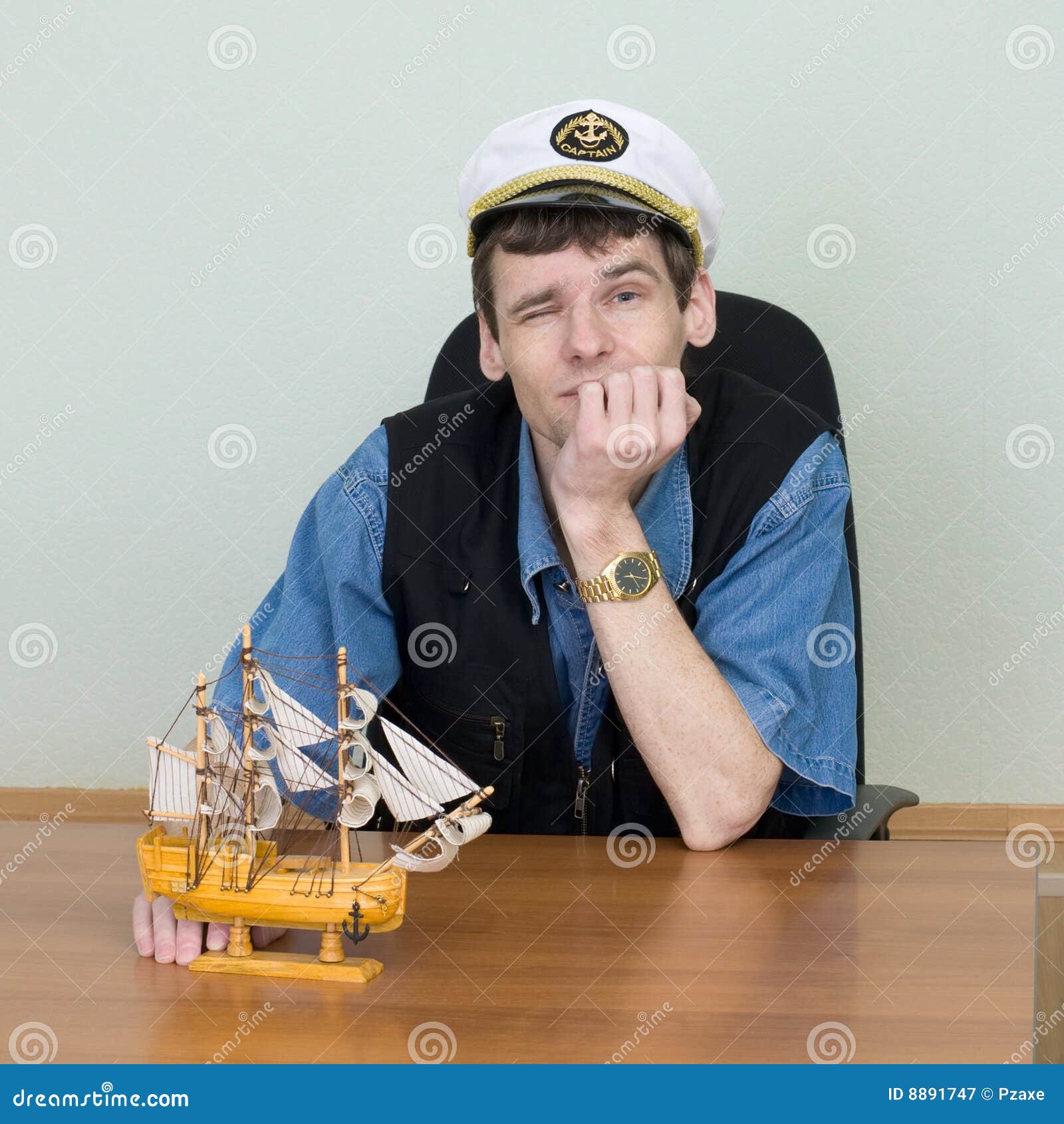 Man in a Uniform Cap at Table with Ship Stock Image - Image of dress ...