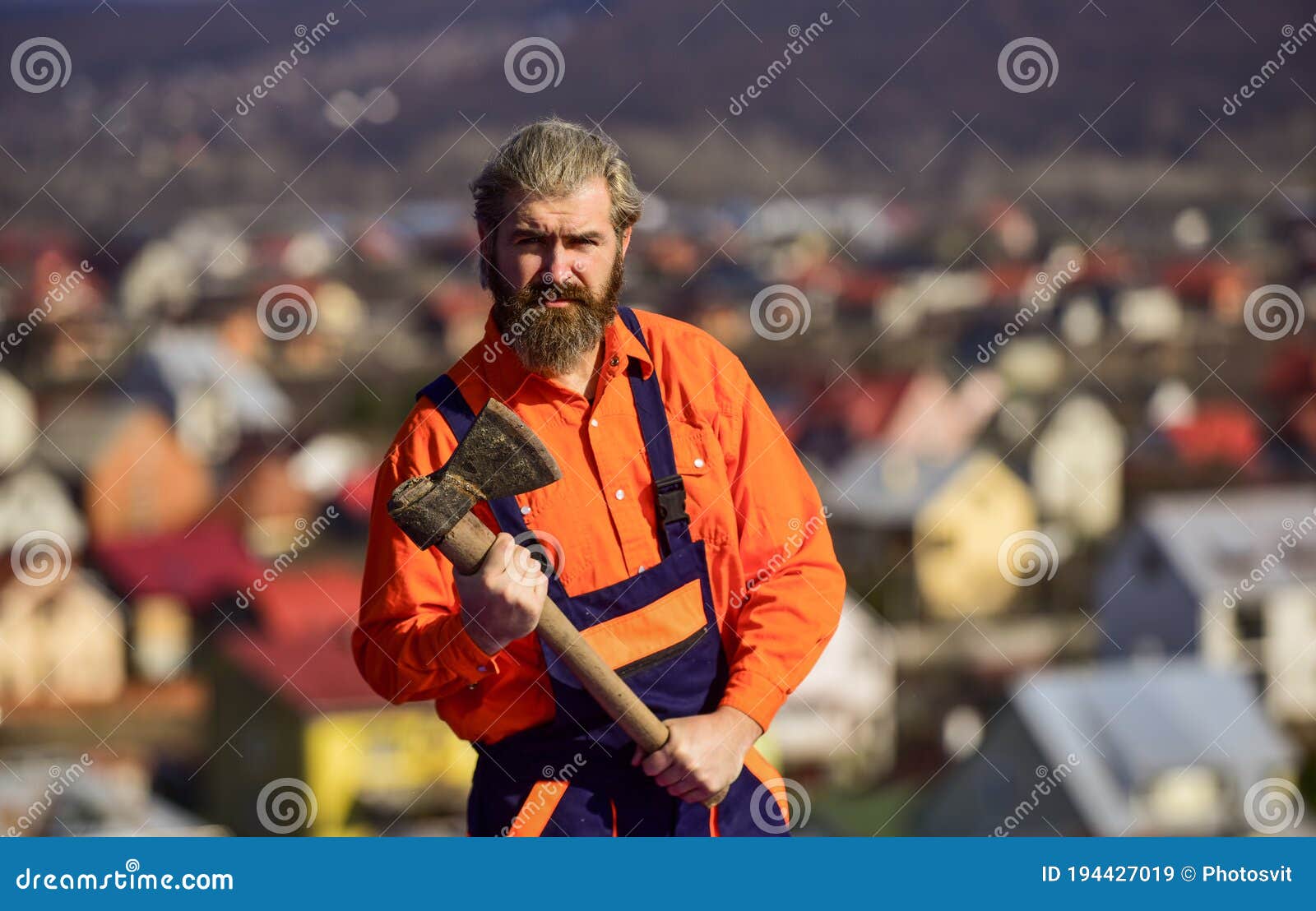 Man In Uniform Hold Ax. Brutal Bearded Man Axe In Hands. Brutal And ...