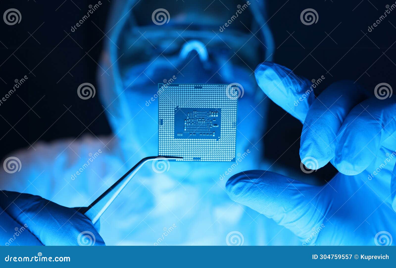 Man in Uniform Holds Microprocessor with Forceps Stock Image - Image of ...