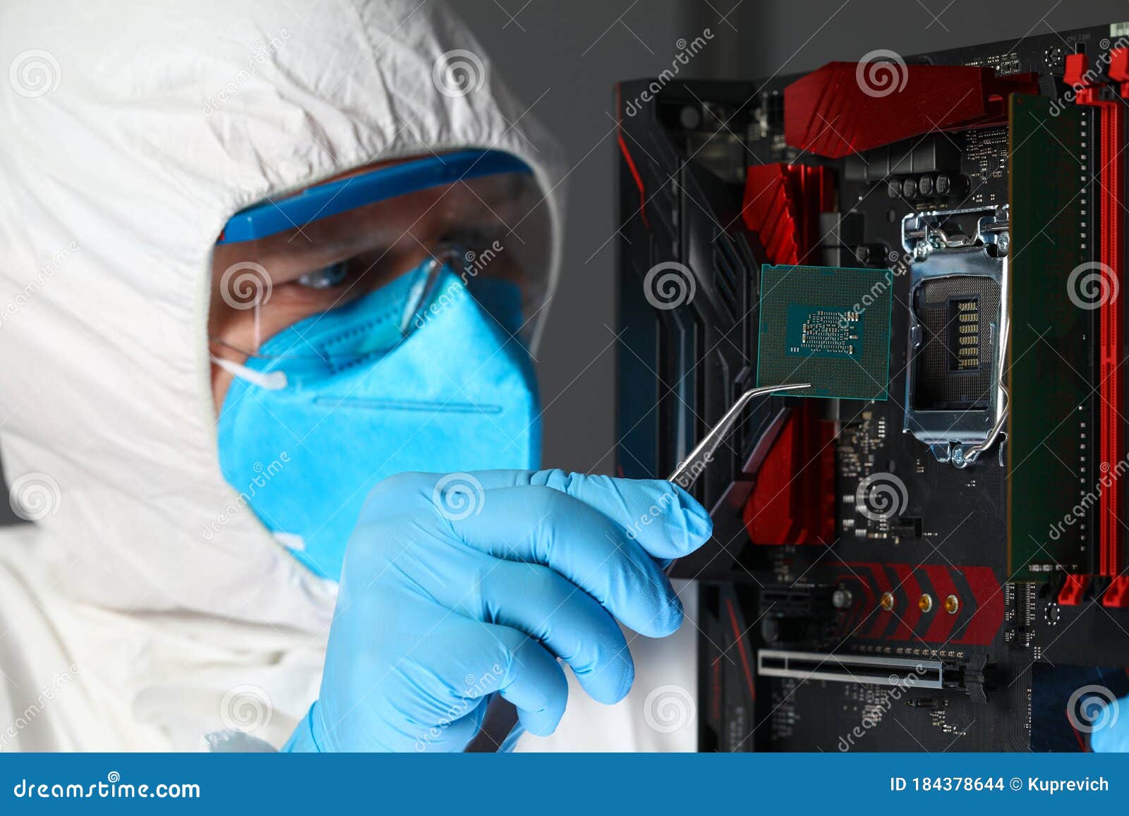 Man in Uniform Sets Microchip Electronic Equipment Stock Photo - Image ...
