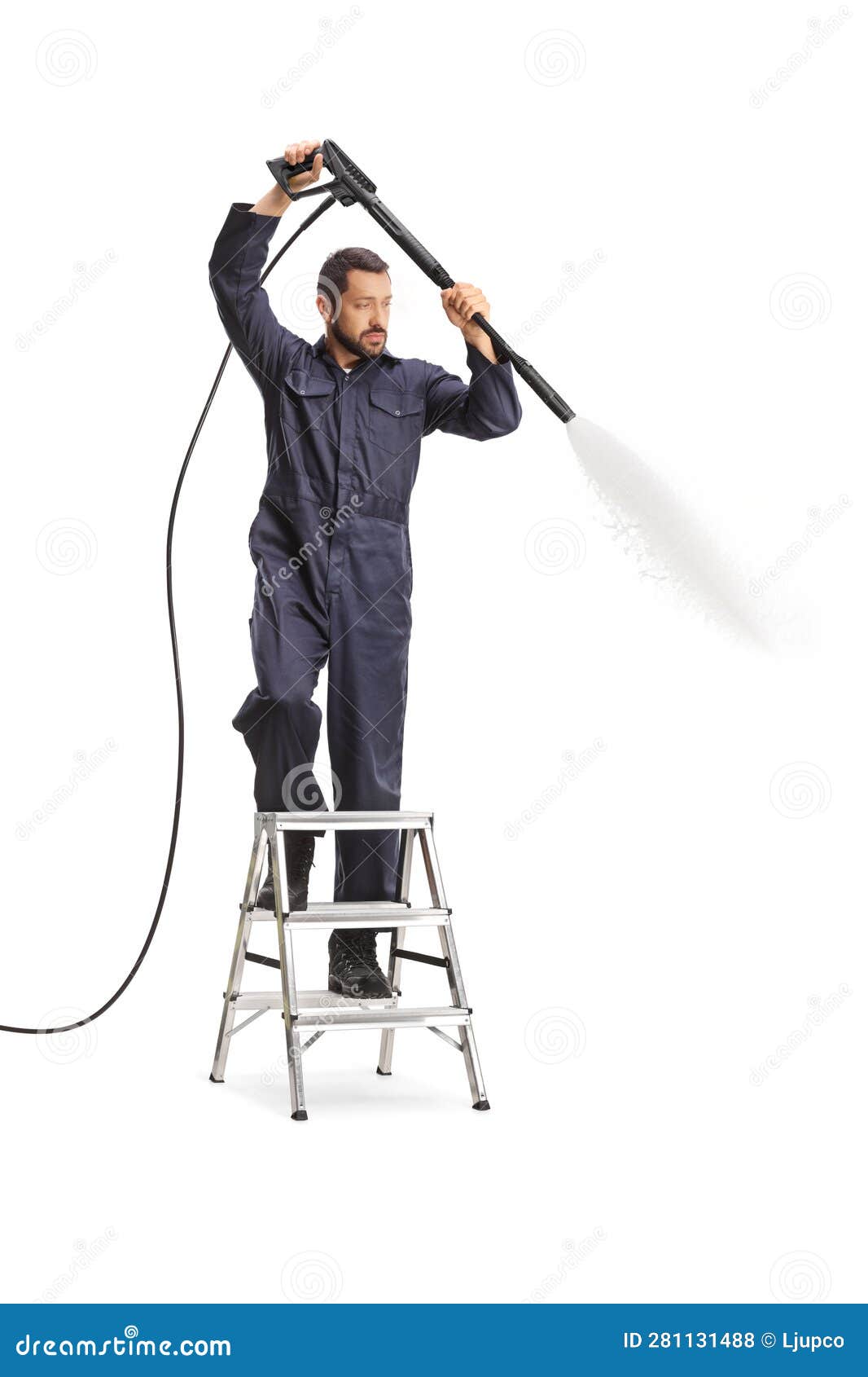 Man in a Uniform Using a Pressure Washer and Standing on a Ladder Stock ...