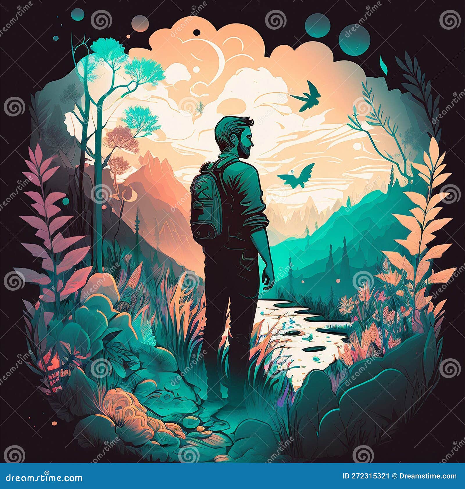 Man in unity with nature stock illustration. Illustration of love ...