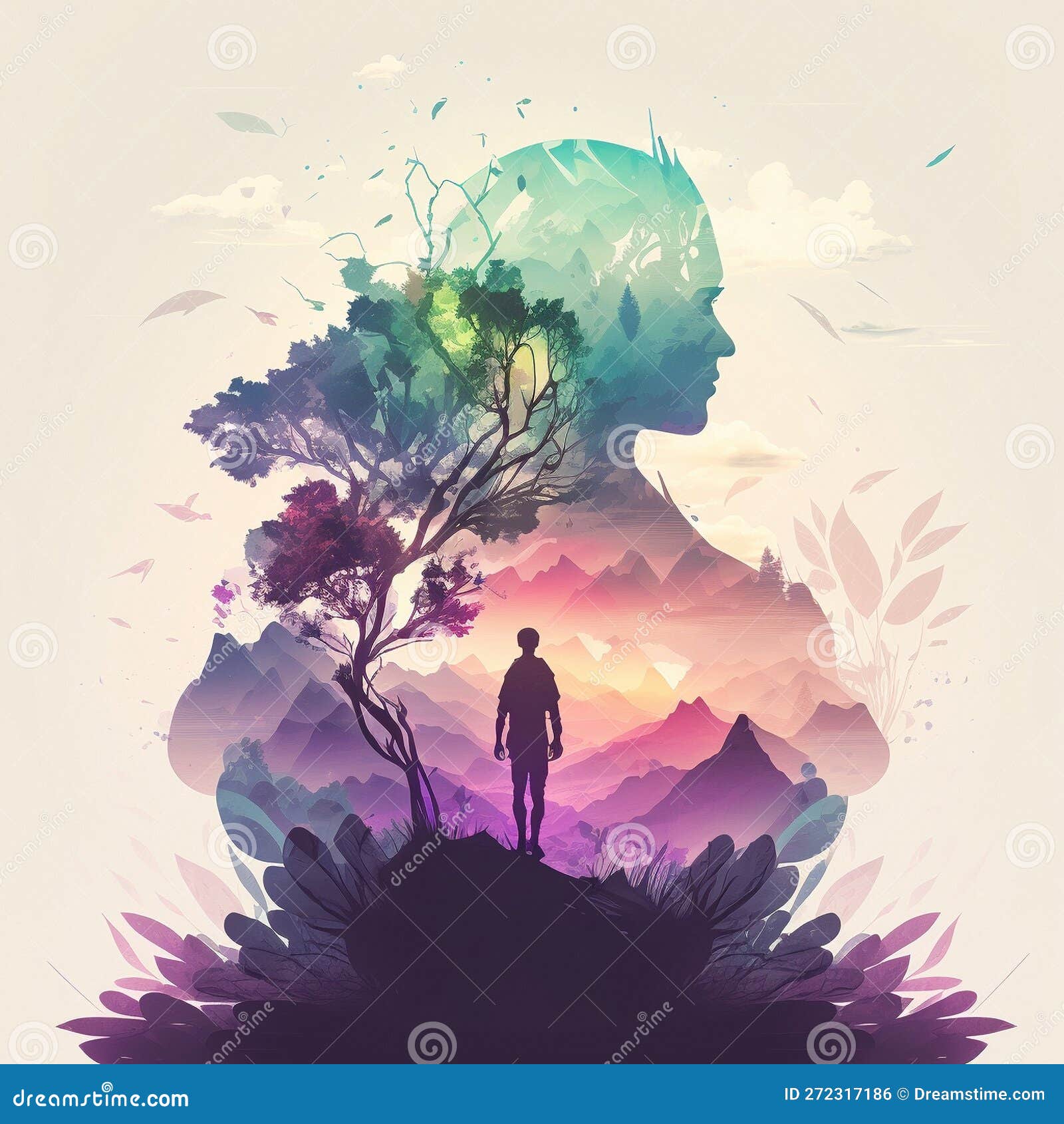 Man in unity with nature stock illustration. Illustration of together ...