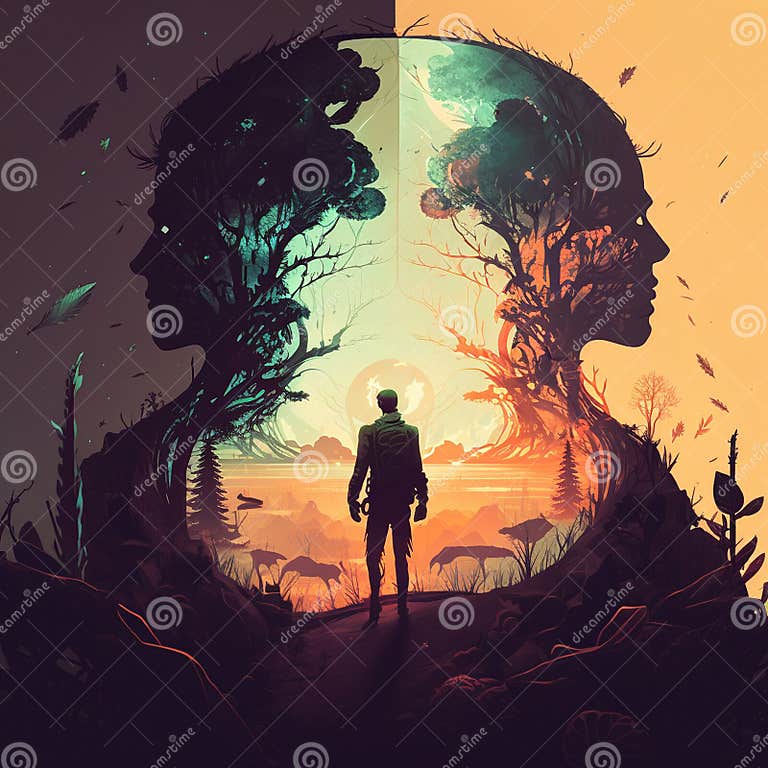 Man in unity with nature stock illustration. Illustration of parents ...