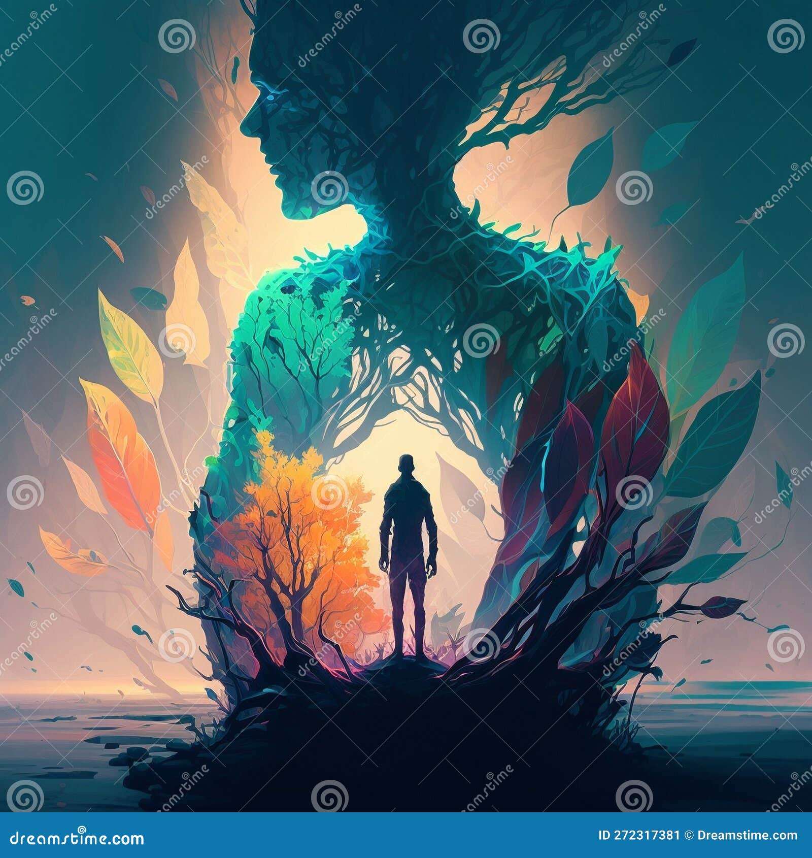 Man in unity with nature stock illustration. Illustration of parent ...