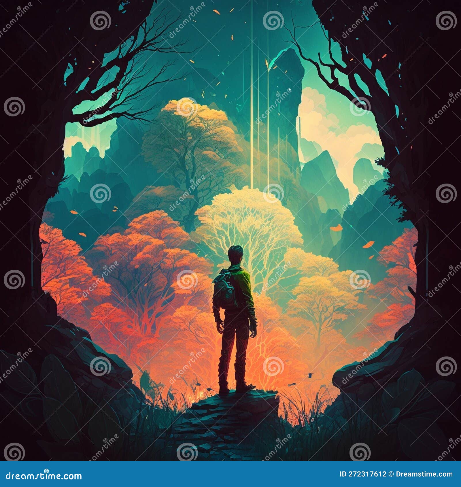 Man in unity with nature stock illustration. Illustration of ...