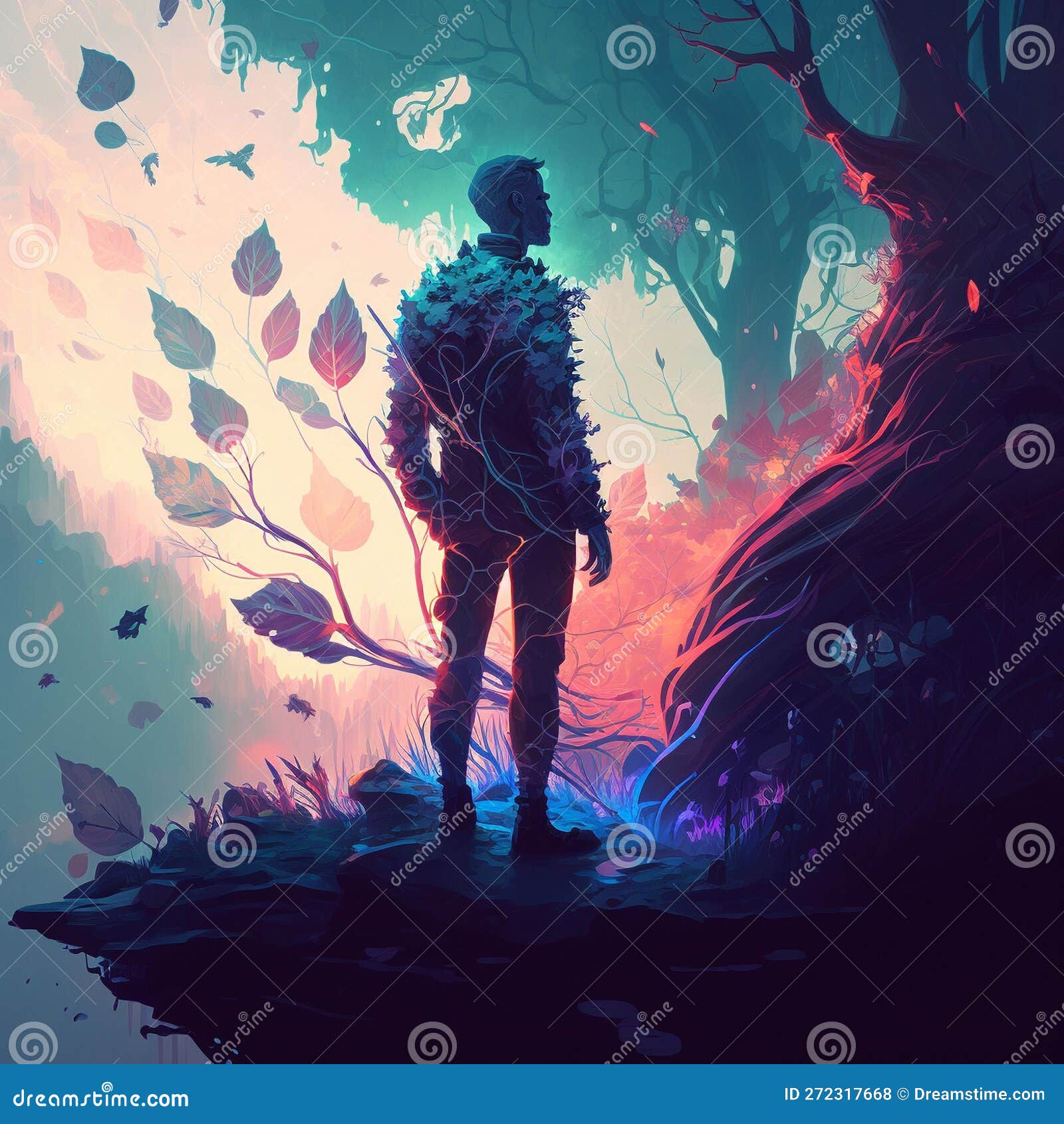 Man in unity with nature stock illustration. Illustration of female ...