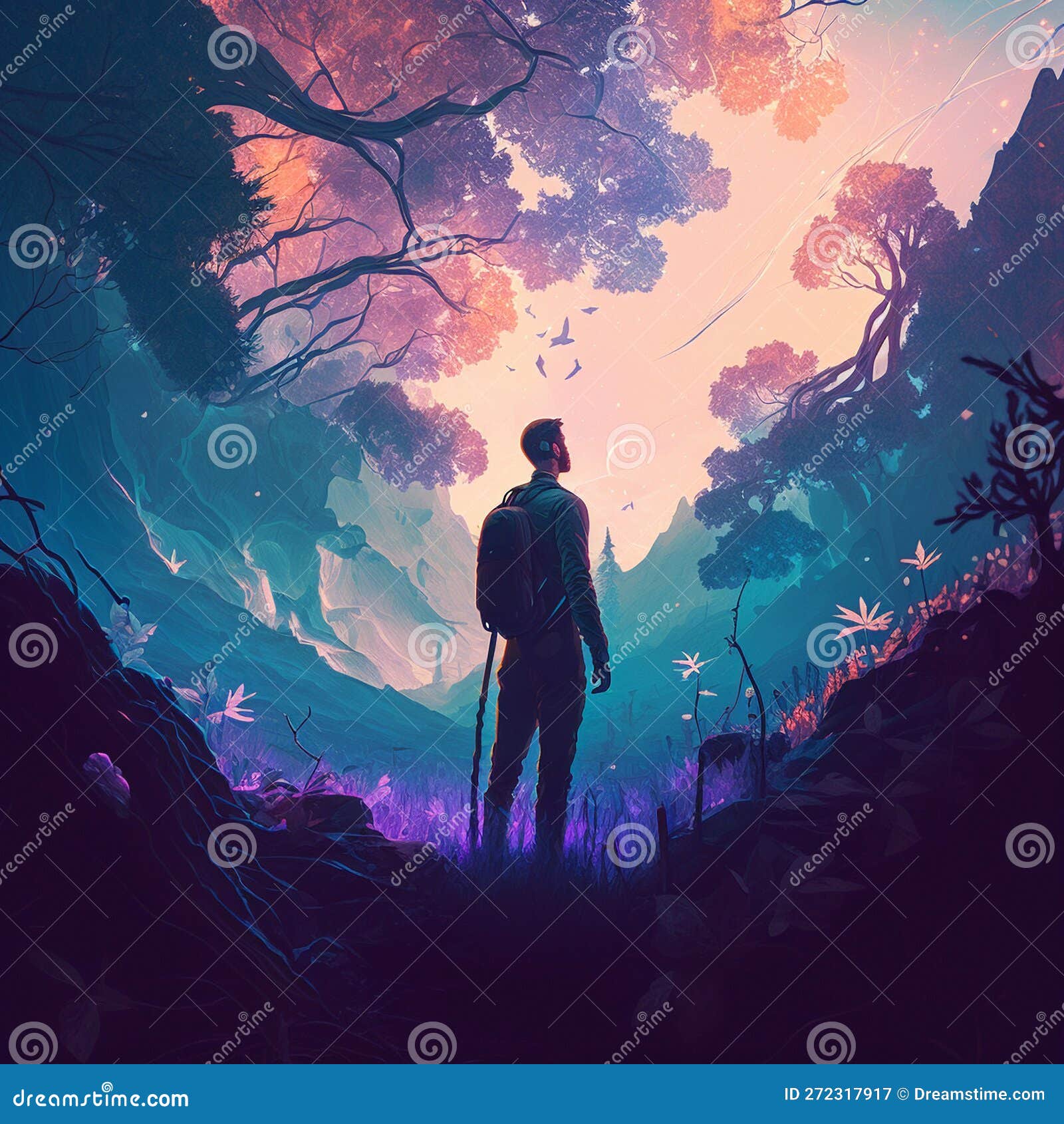 Man in unity with nature stock illustration. Illustration of happiness ...