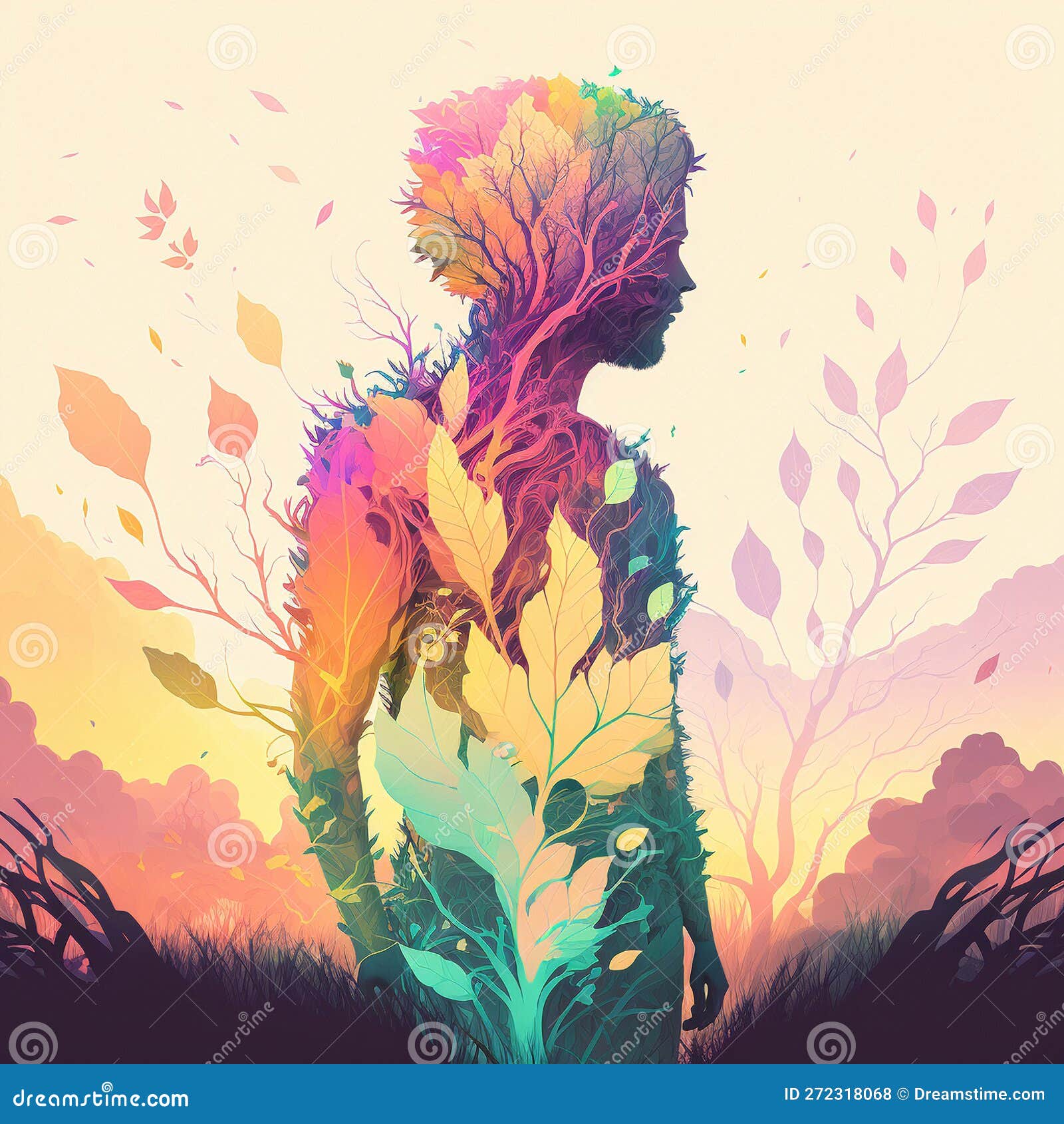 Man in unity with nature stock illustration. Illustration of join ...