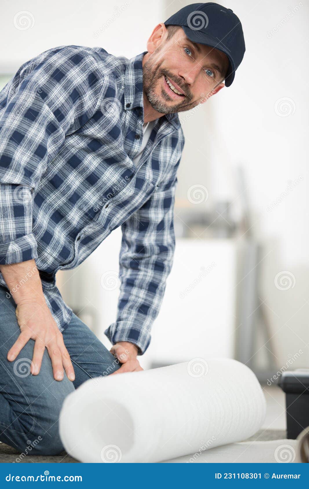 Man Unrolling Roll Floor Insulation Stock Image - Image of indoors ...