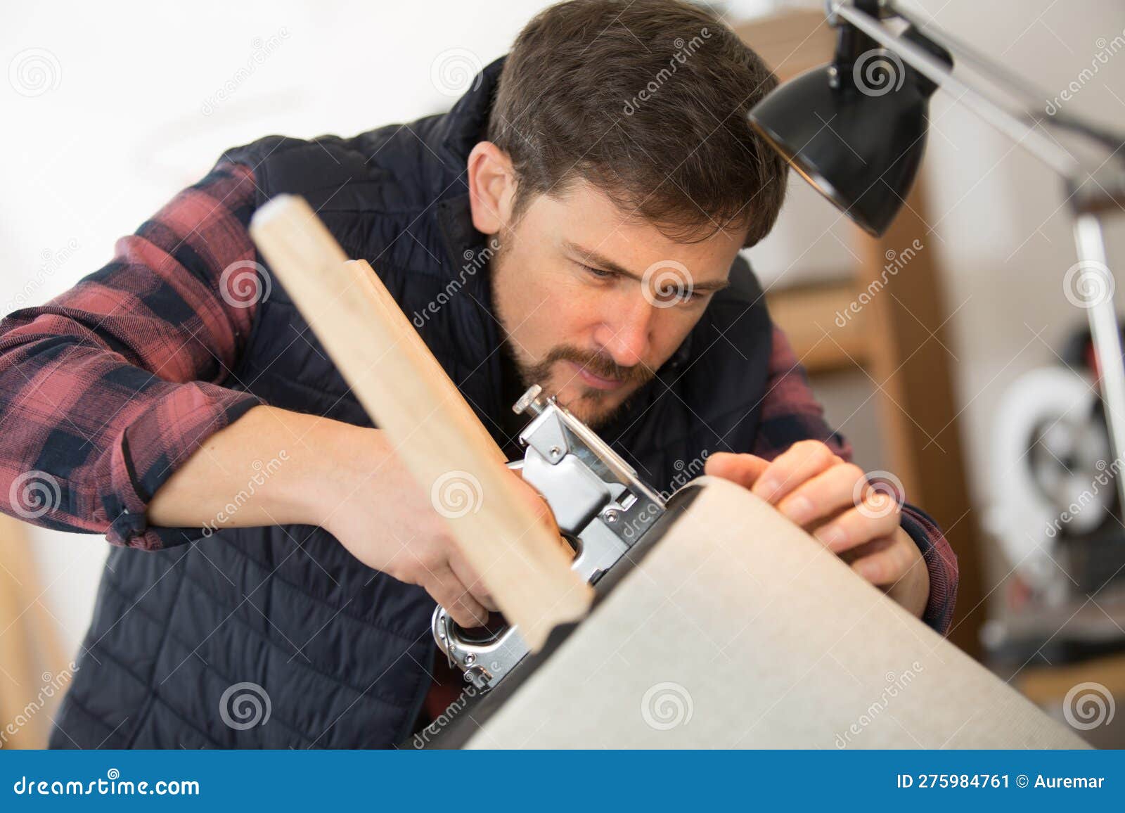 Man Upholstering Round Stool Seat Stock Image - Image of seat, mature ...