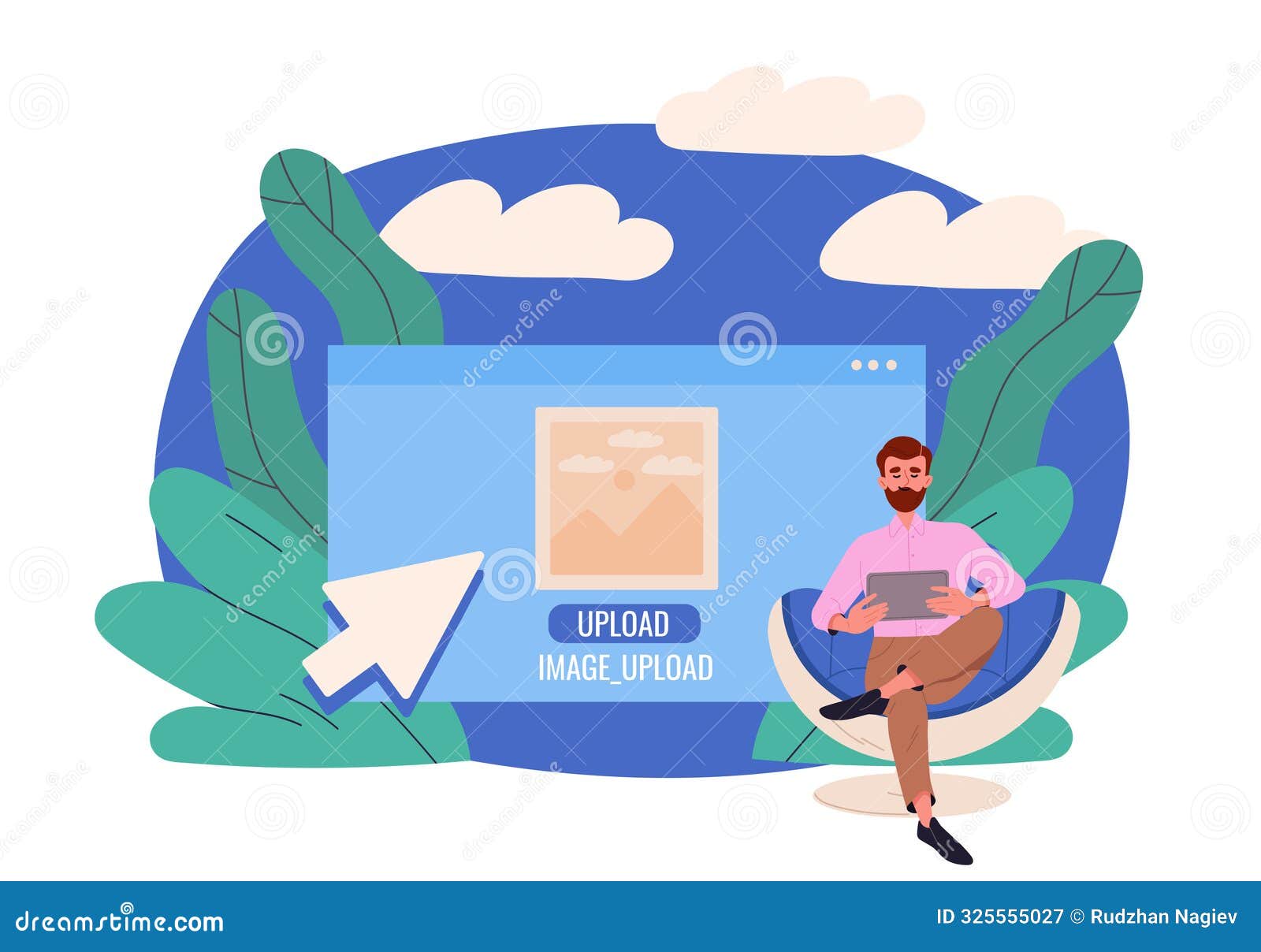 Man Uploads Image. Young Guy with Tablet Uploads Picture To Cloud ...