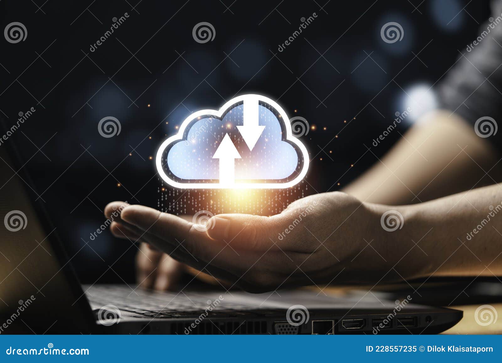 Man Use Computer Laptop and Hand Holding Virtual Cloud Computing for ...