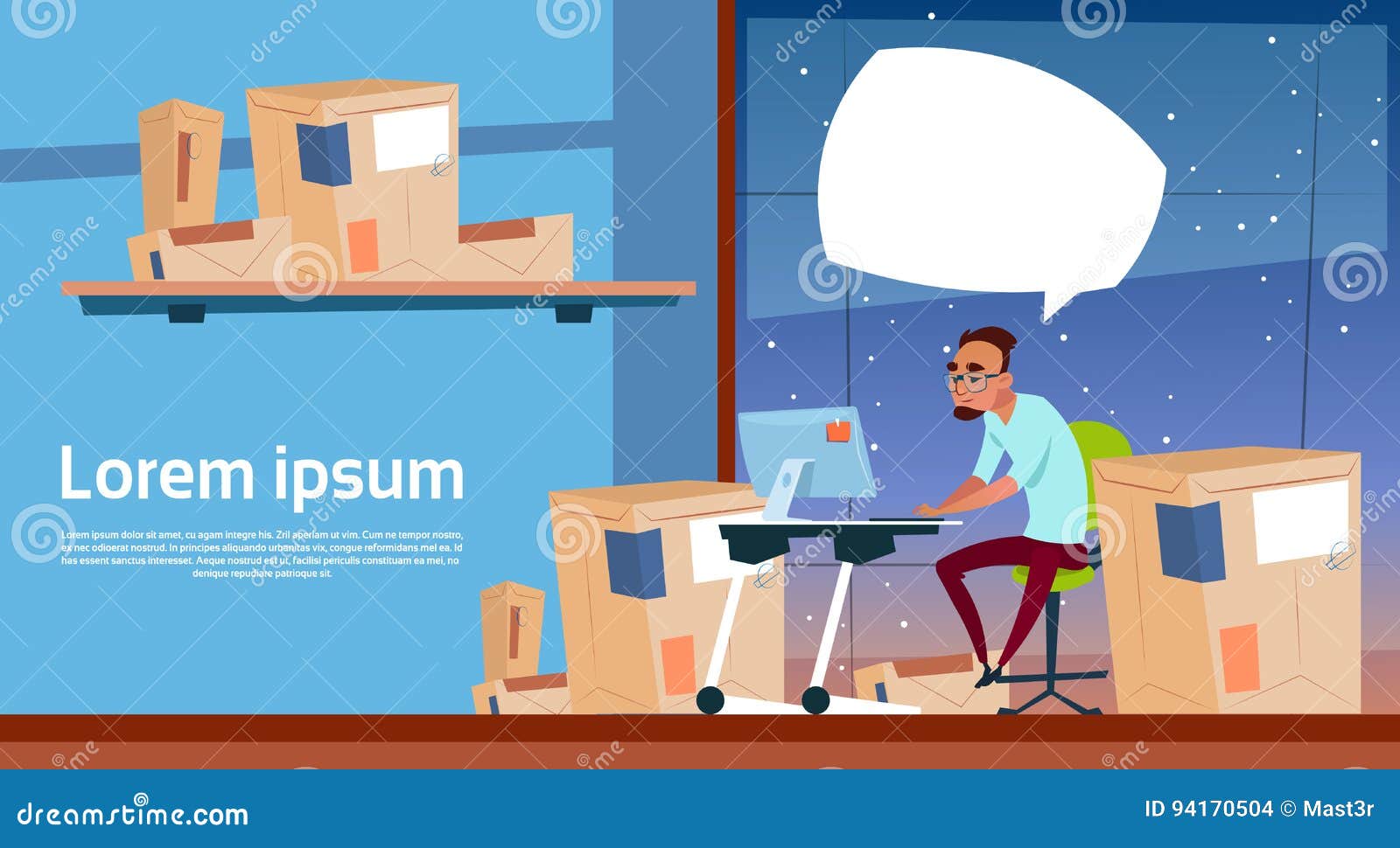 Man Use Computer Work on Delivery Service Package Post Boxes Banner ...