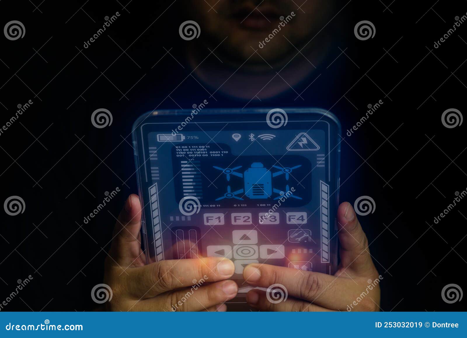 Man Use Digital Control Virtual Screen Interface for Drone Operator ...