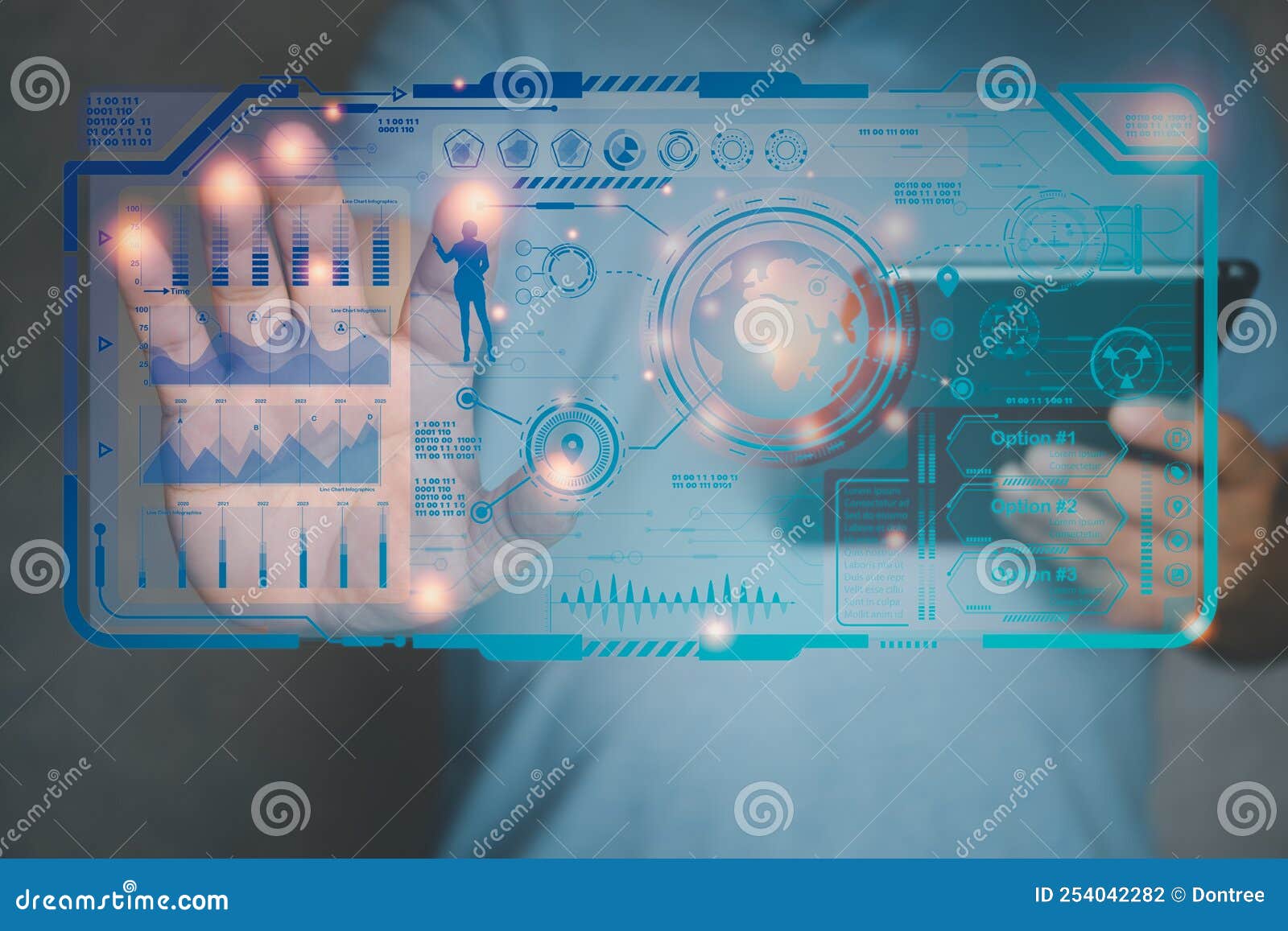 Man Use Hand Touch HUD Interface Screen, Augmented Reality Experience ...