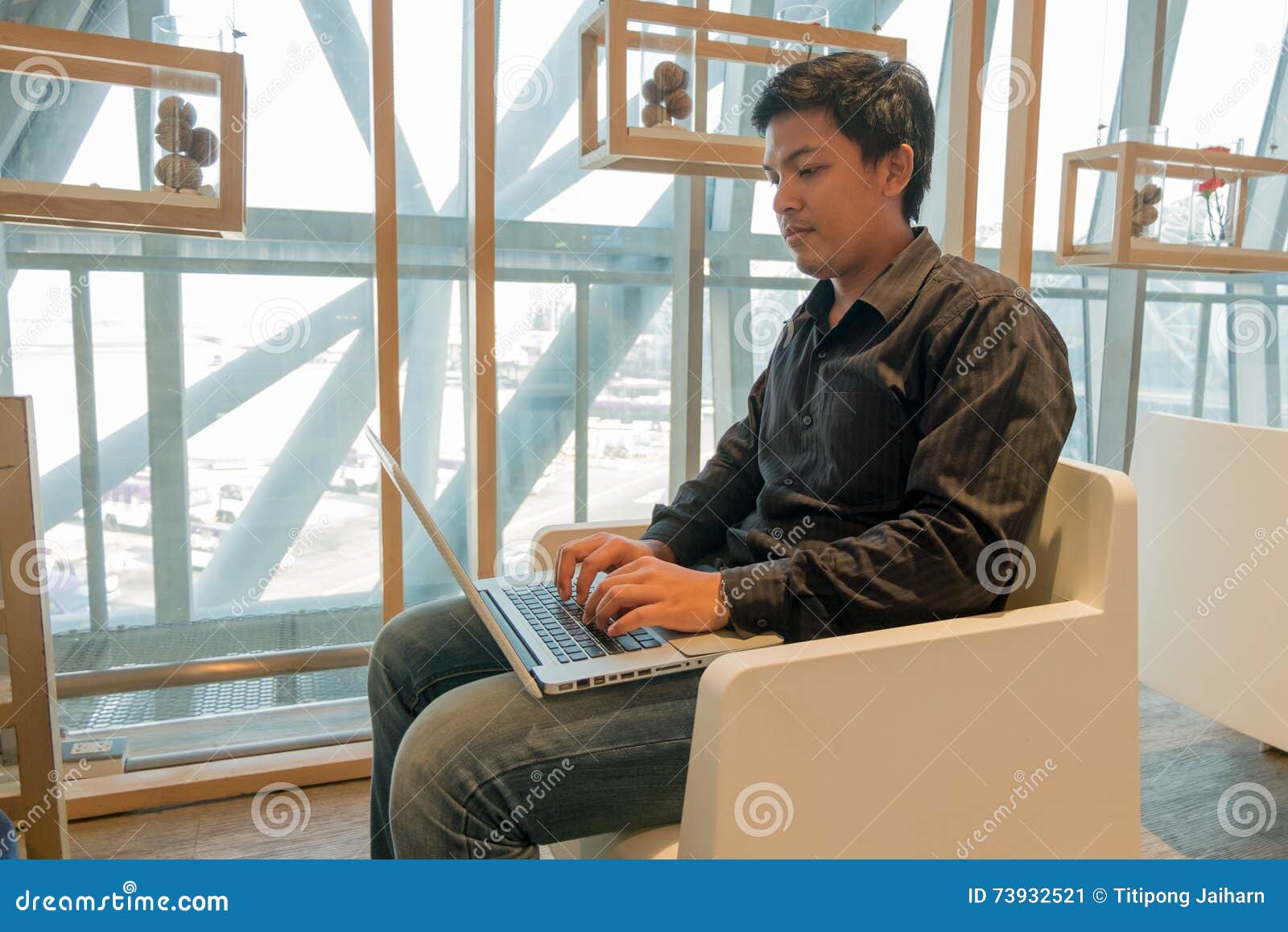 Man Use Laptop in Airport Lounge Stock Image - Image of office ...