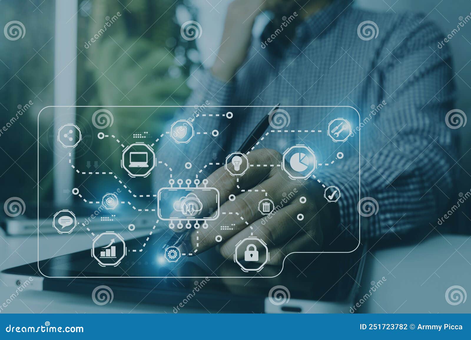 Man Use Laptop with Cloud Computing Diagram Show on Hand. Cloud ...