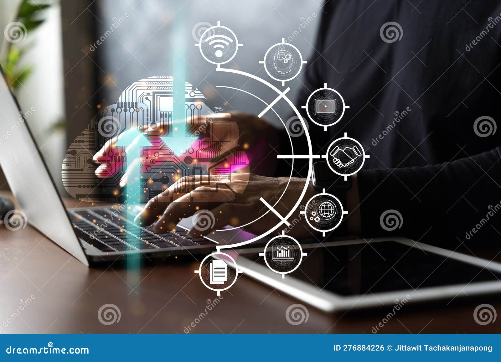 Man Use Laptop with Cloud Computing Diagram Show on Hand. Cloud ...